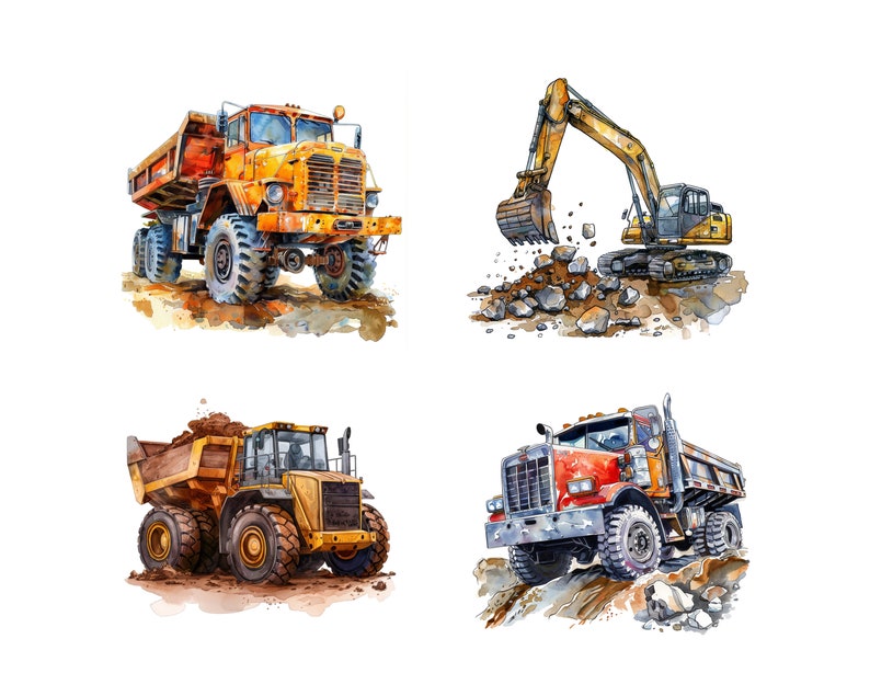 Watercolor Construction Vehicles Clipart: PNG Bundle (commercial Use ...