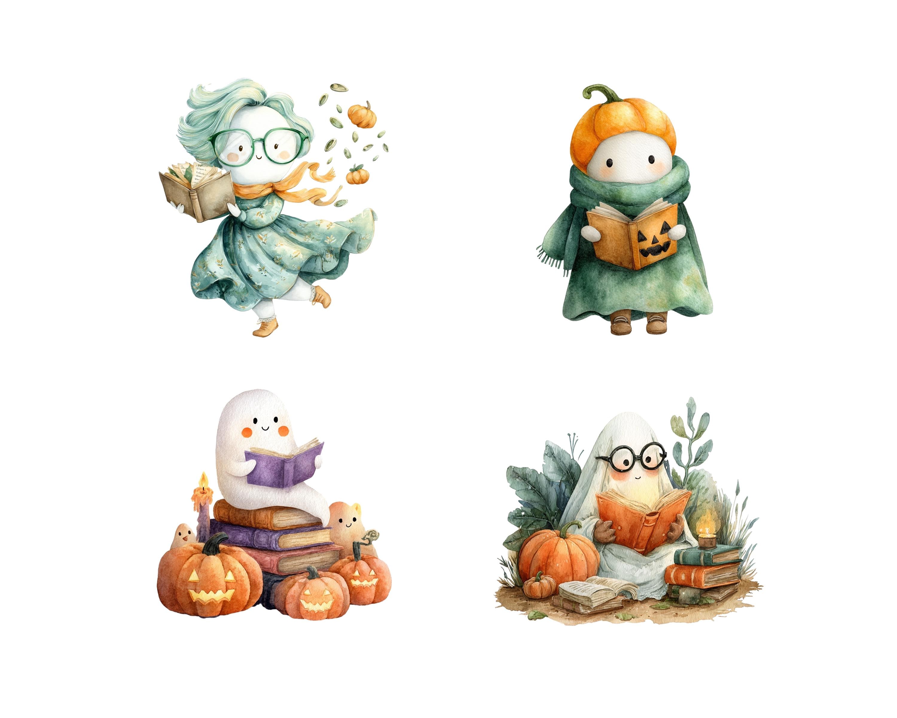 Watercolor Bookish Ghost Clipart Bundle: Pumpkin Halloween PNG ...