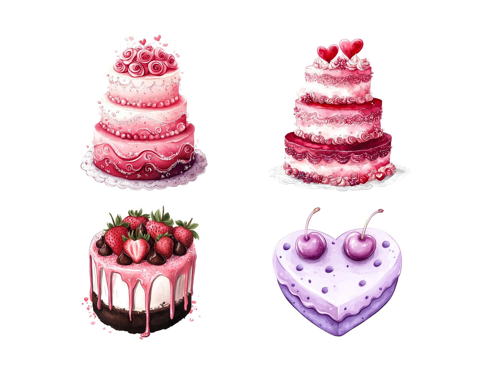 Valentine Cake PNG Clipart Bundle, Watercolor Heart Romantic Cupcake ...