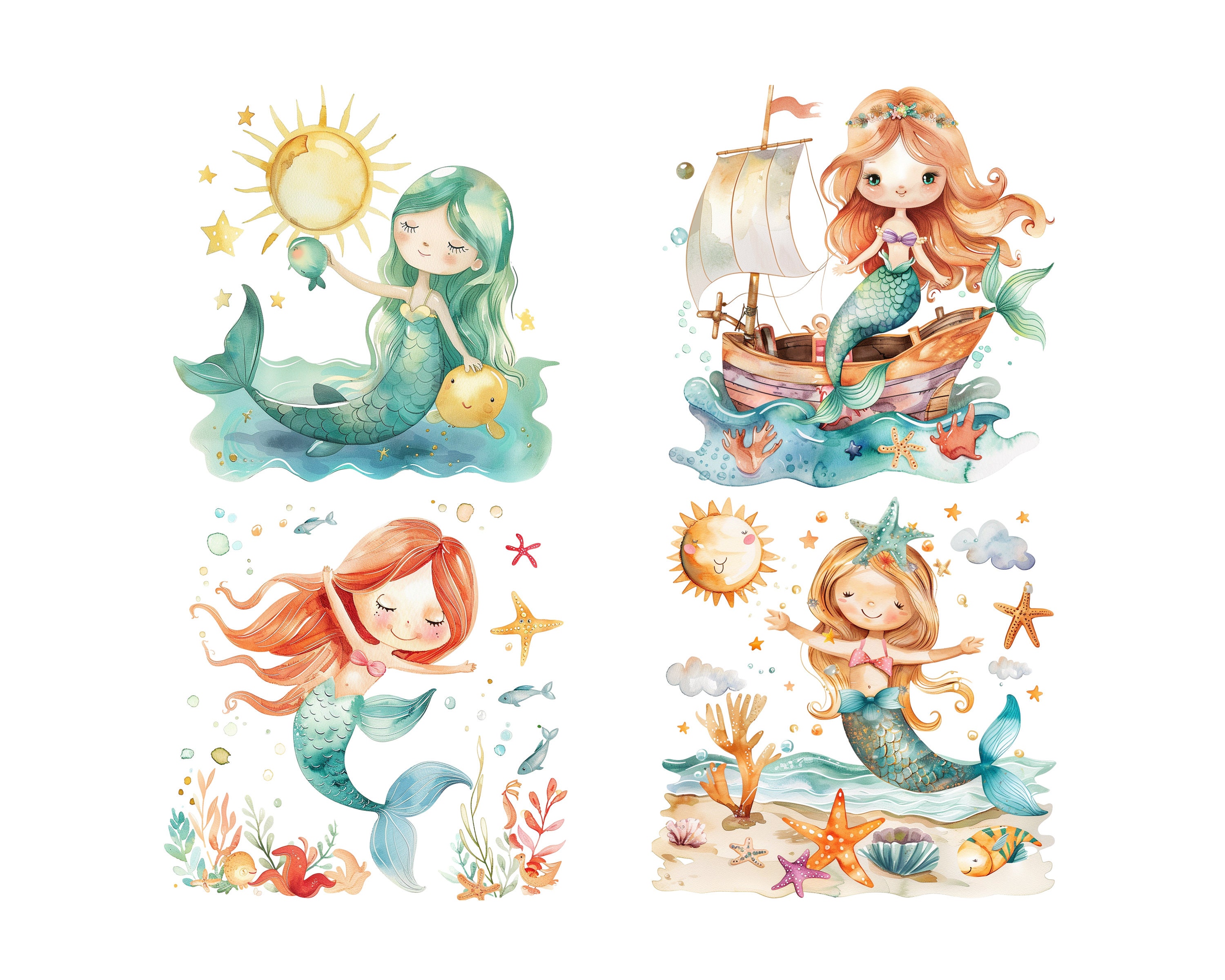 Watercolor Mermaid Clipart Bundle, Nursery Ocean Decor (digital ...