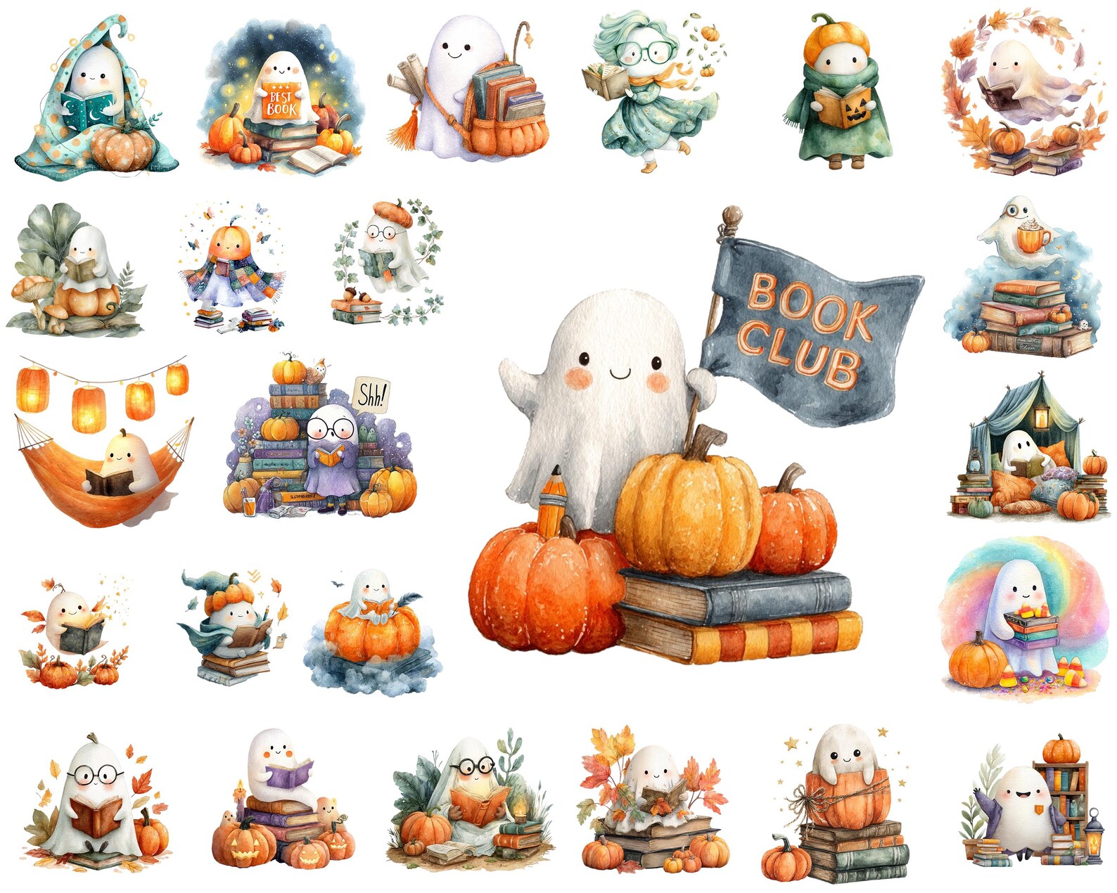Watercolor Bookish Ghost Clipart Bundle: Pumpkin Halloween PNG ...