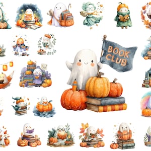 Watercolor Bookish Ghost Clipart Bundle: Pumpkin Halloween PNG ...