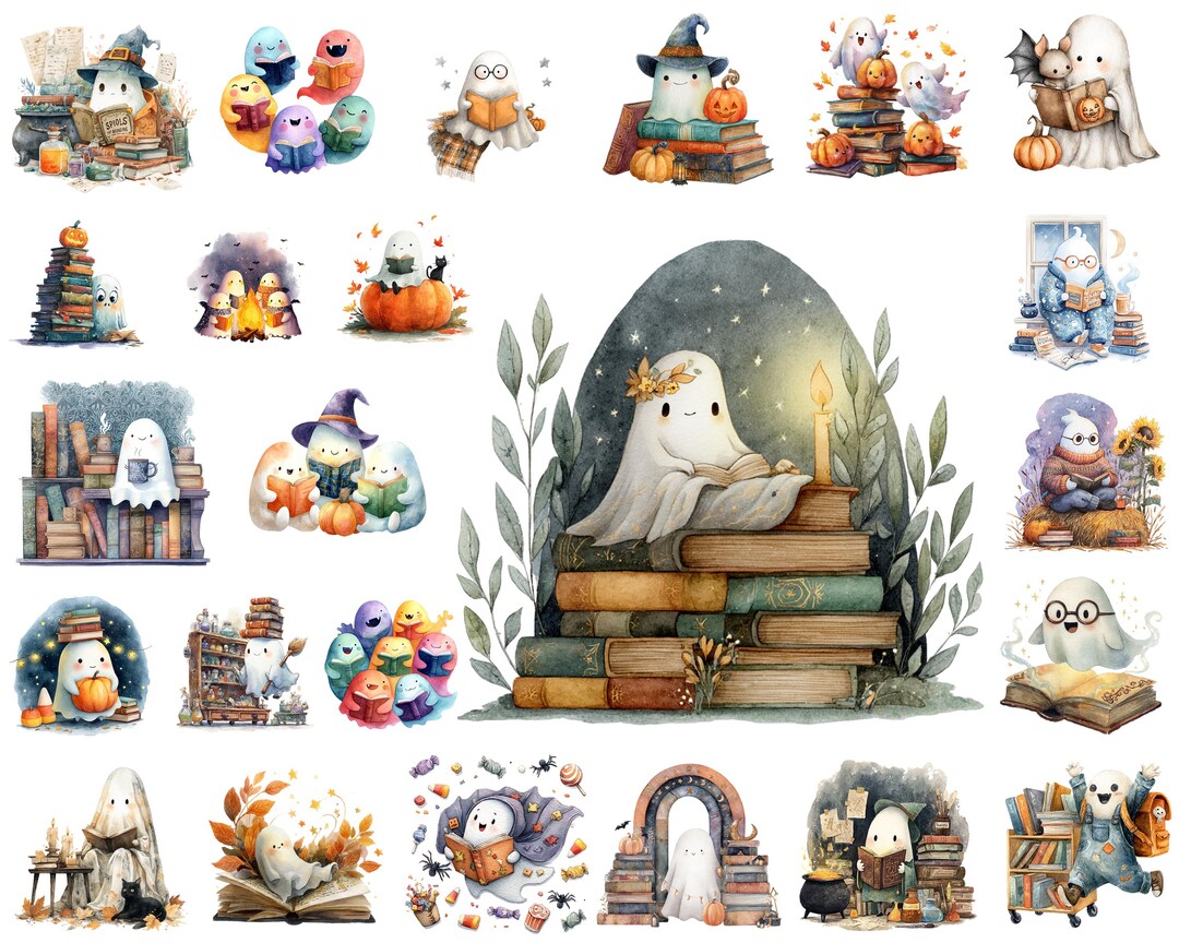 Watercolor Ghost Reading Clipart Bundle: Vintage Halloween PNG (digital ...