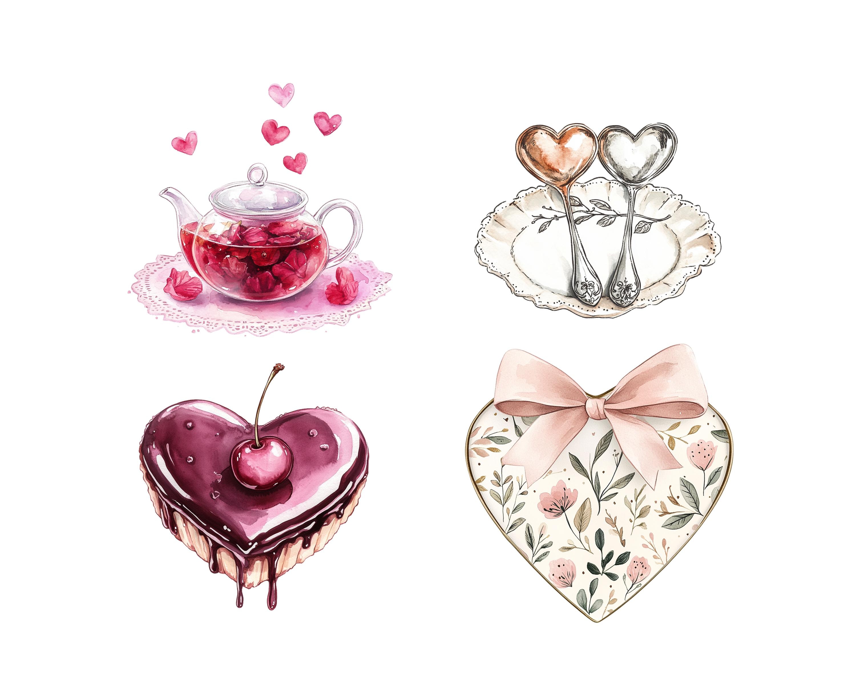 Valentine Tea PNG Clipart Bundle, Watercolor Heart Teacups, Tea ...