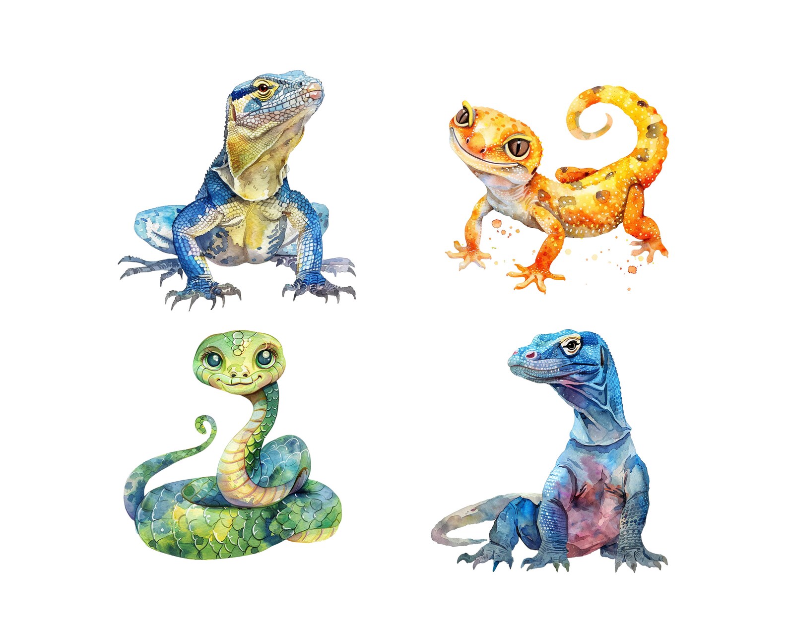 Watercolor Reptiles Clipart Bundle: Lizard, Snake, Turtle (digital ...