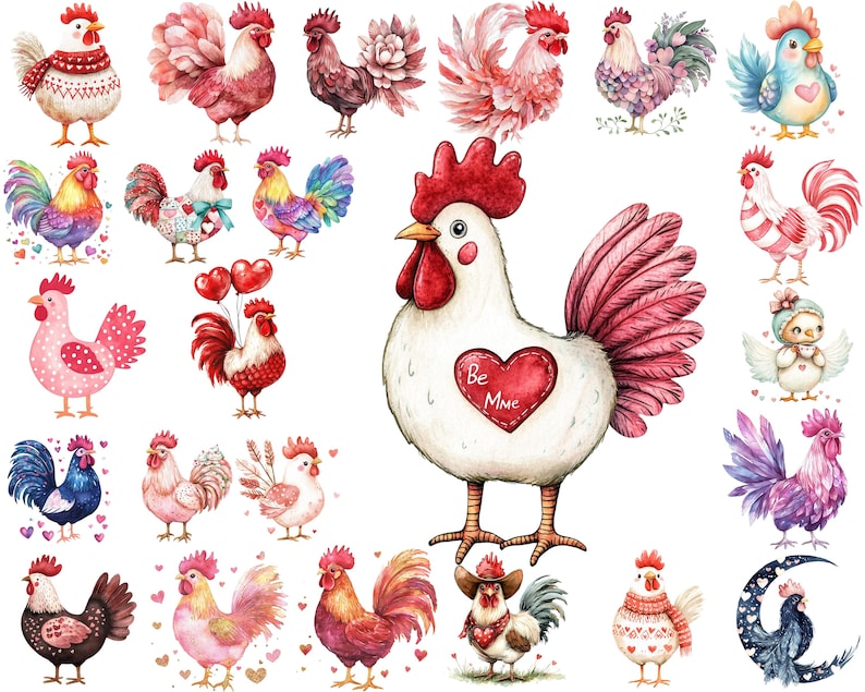 Valentine Rooster PNG Clipart Bundle, Watercolor Heart Designs ...