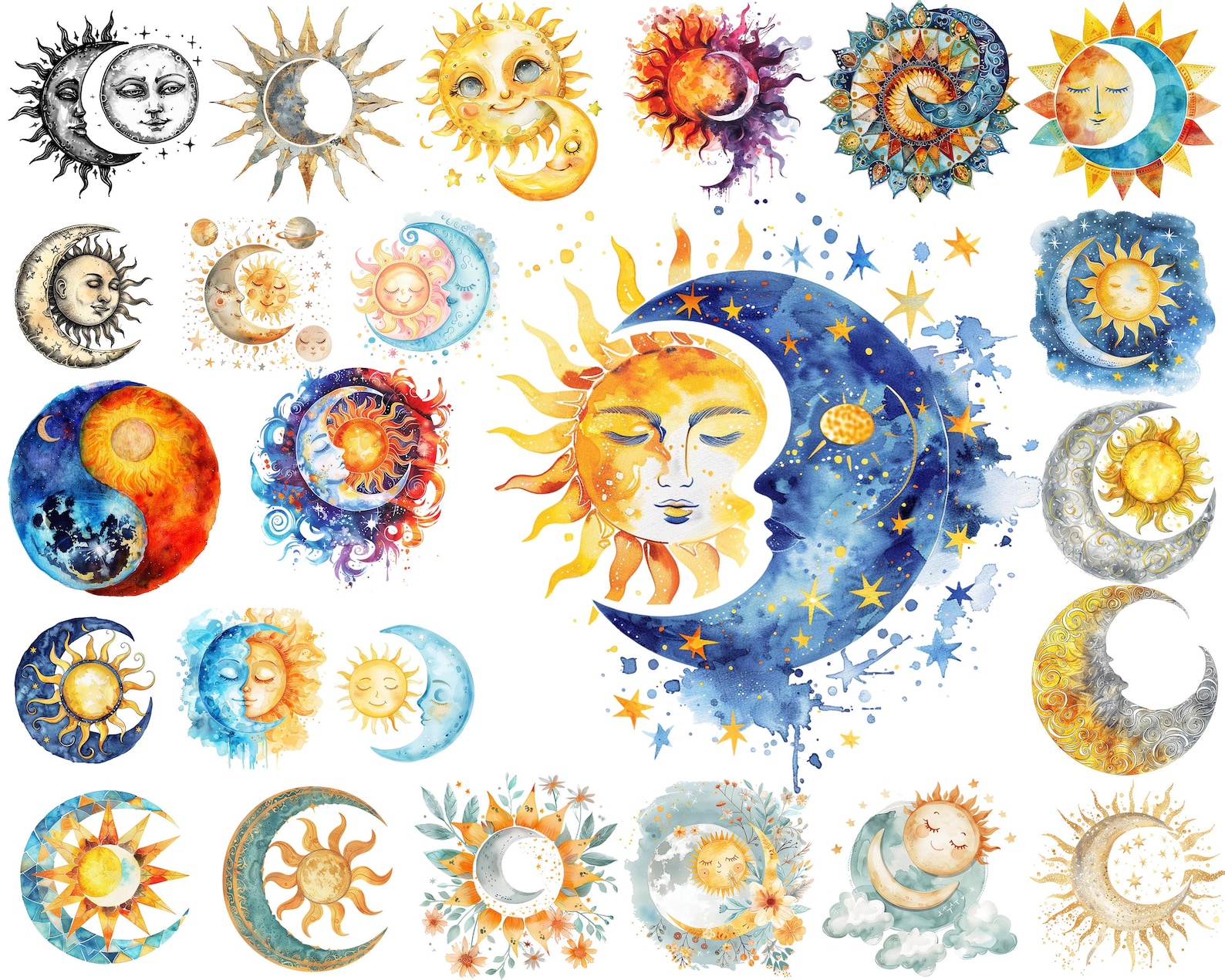 Celestial Sun and Moon PNG Clipart Bundle, Mystic Aesthetics Stars ...