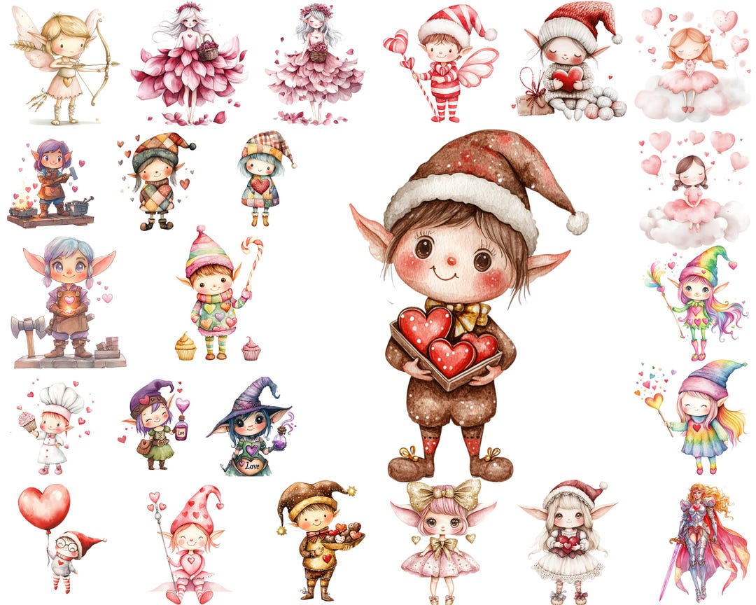 Valentine Elf PNG Clipart Bundle, Watercolor Elves, Love Hearts ...