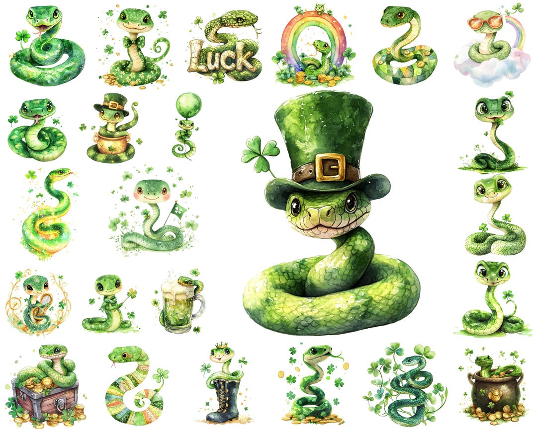 St. Patrick's Day Green Snake PNG Clipart Bundle, Watercolor Shamrock ...