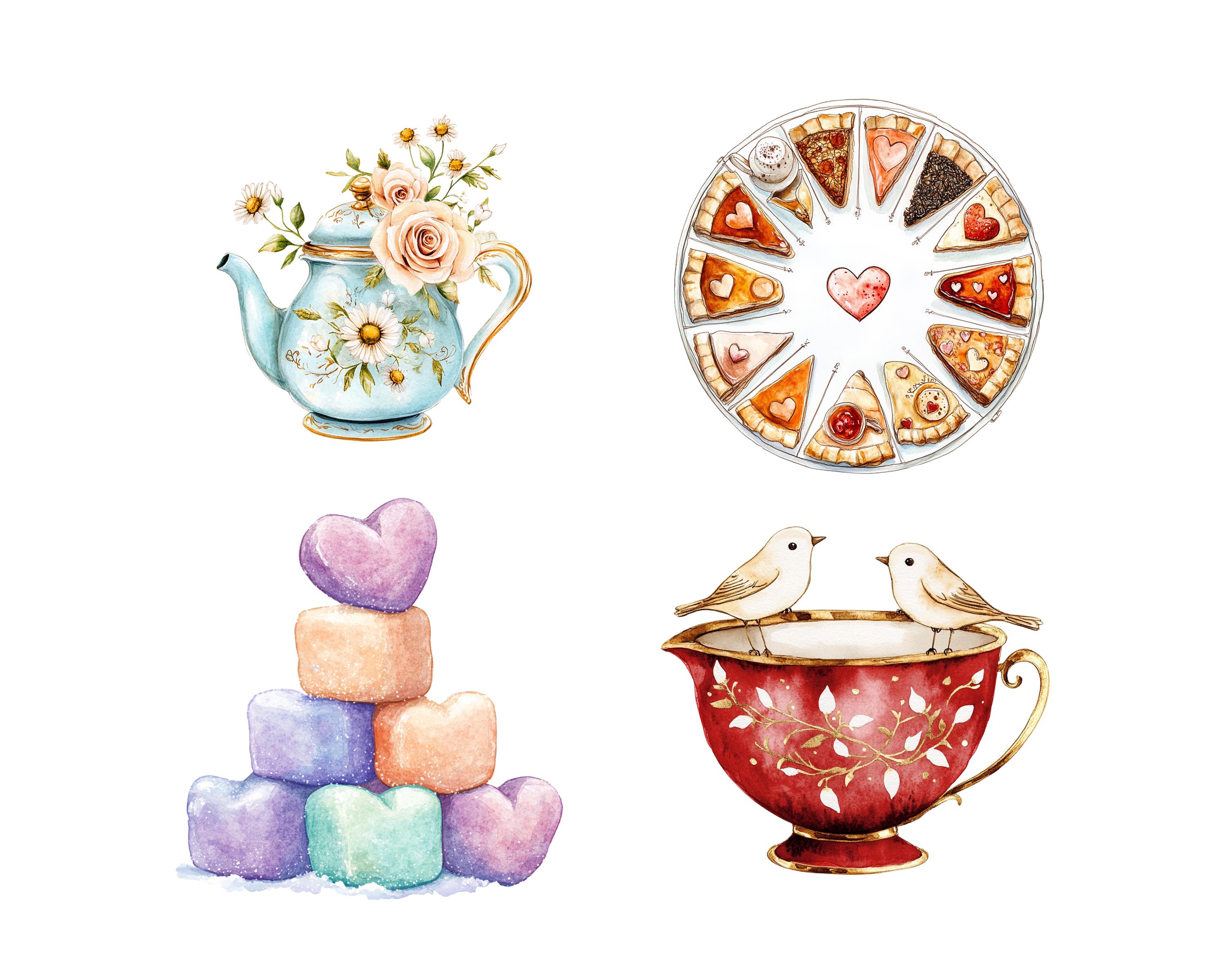 Valentine Tea PNG Clipart Bundle, Watercolor Heart Teacups, Tea ...
