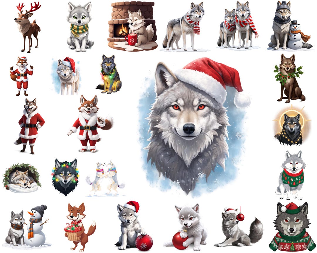 Christmas Wolf PNG Clipart Bundle, Cute Wolf Nursery Decor, Instant ...