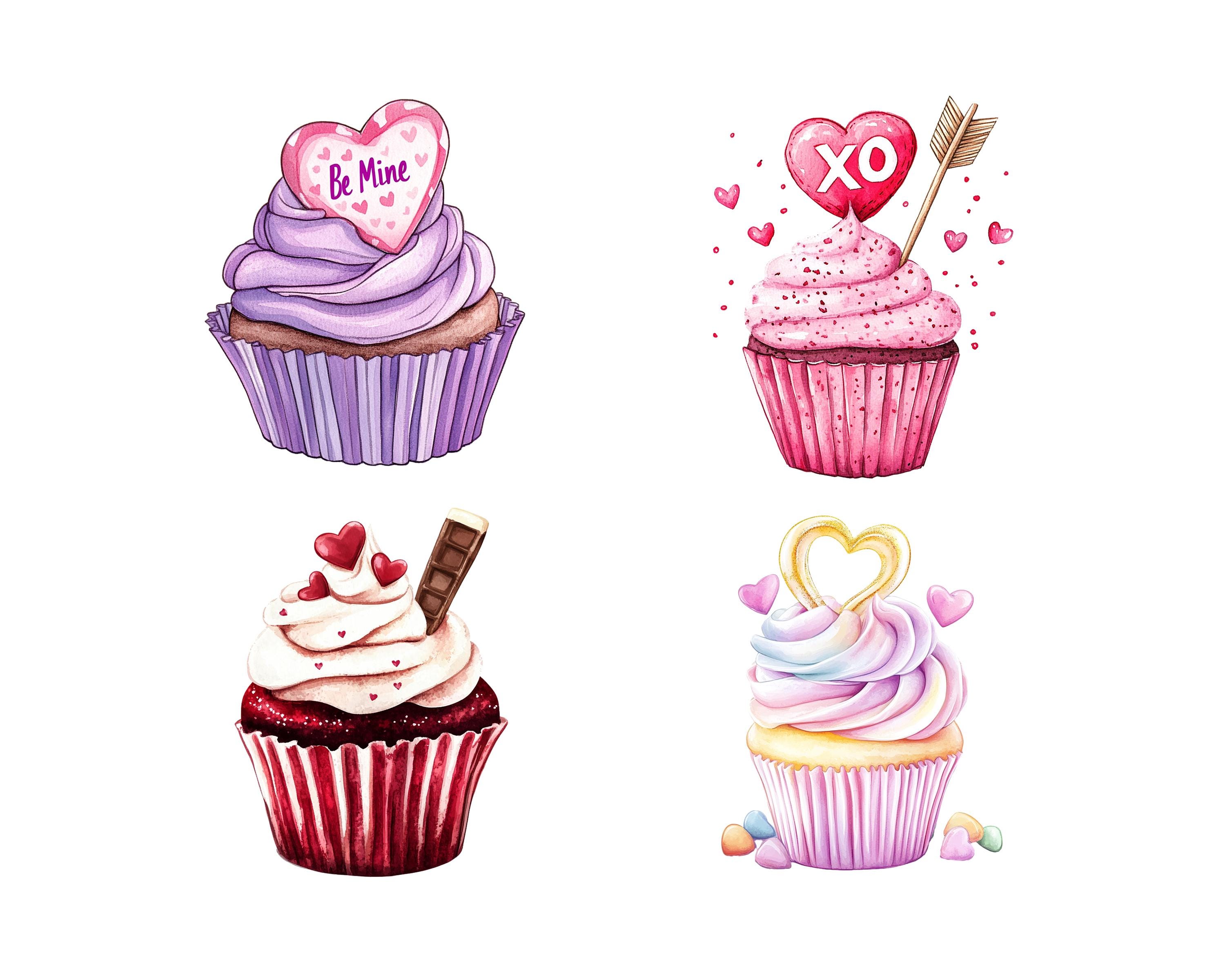 Valentine Cupcake PNG Clipart Bundle, Watercolor Cupcakes, Hearts ...