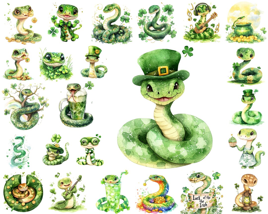 St. Patrick's Day Snake PNG Clipart Bundle, Watercolor Snakes Shamrocks ...