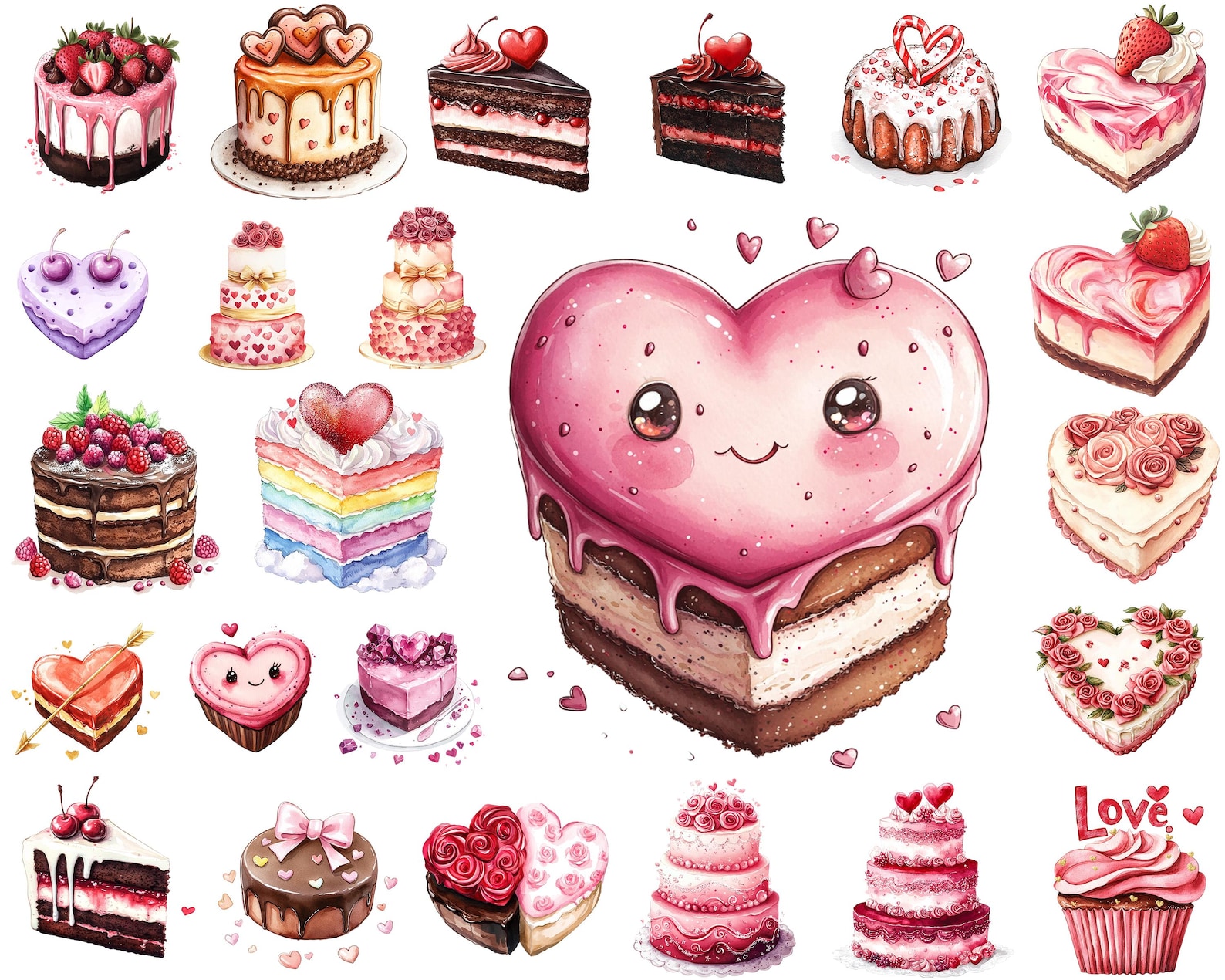 Valentine Cake PNG Clipart Bundle, Watercolor Heart Romantic Cupcake ...