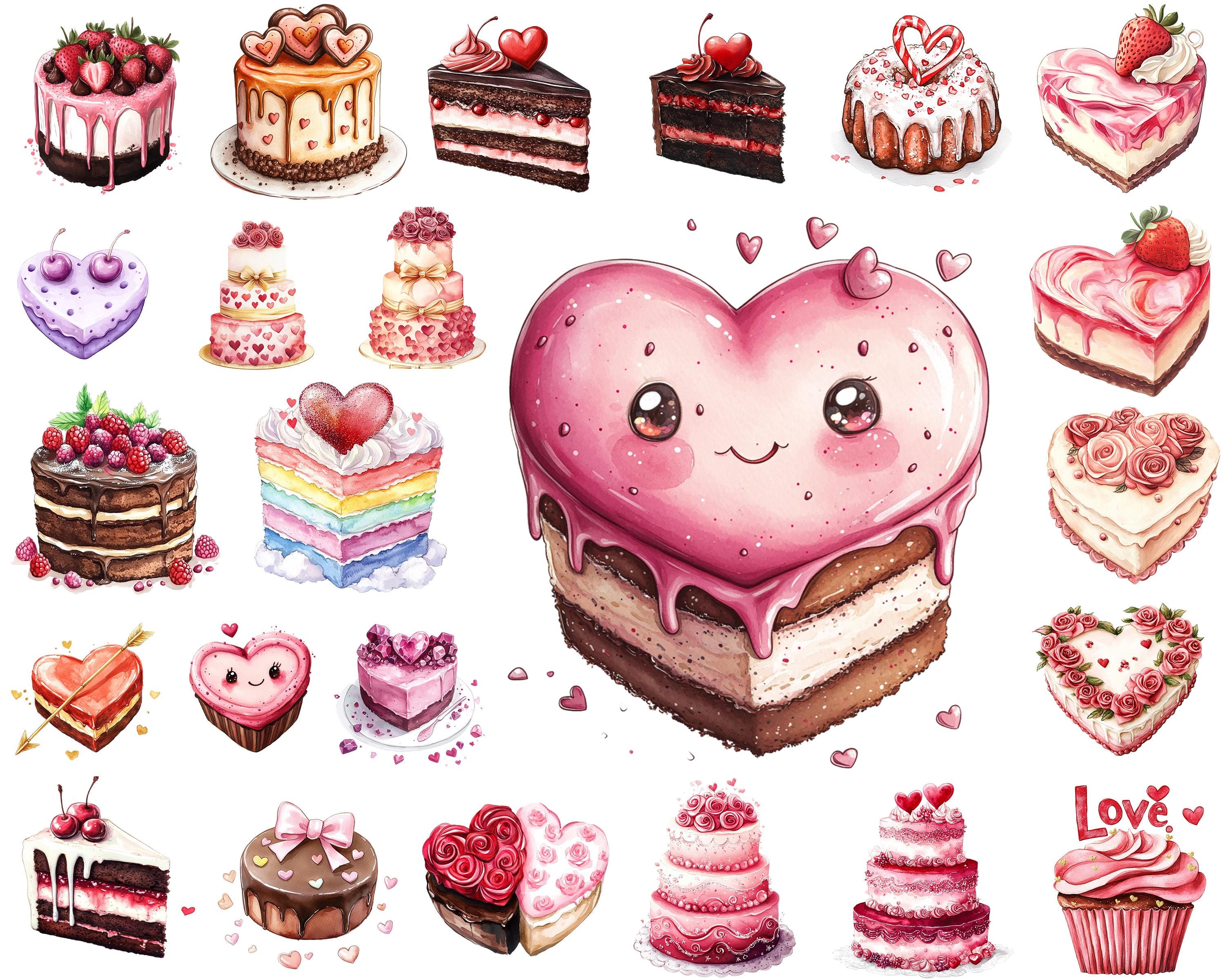 Valentine Cake PNG Clipart Bundle, Watercolor Heart Romantic Cupcake ...