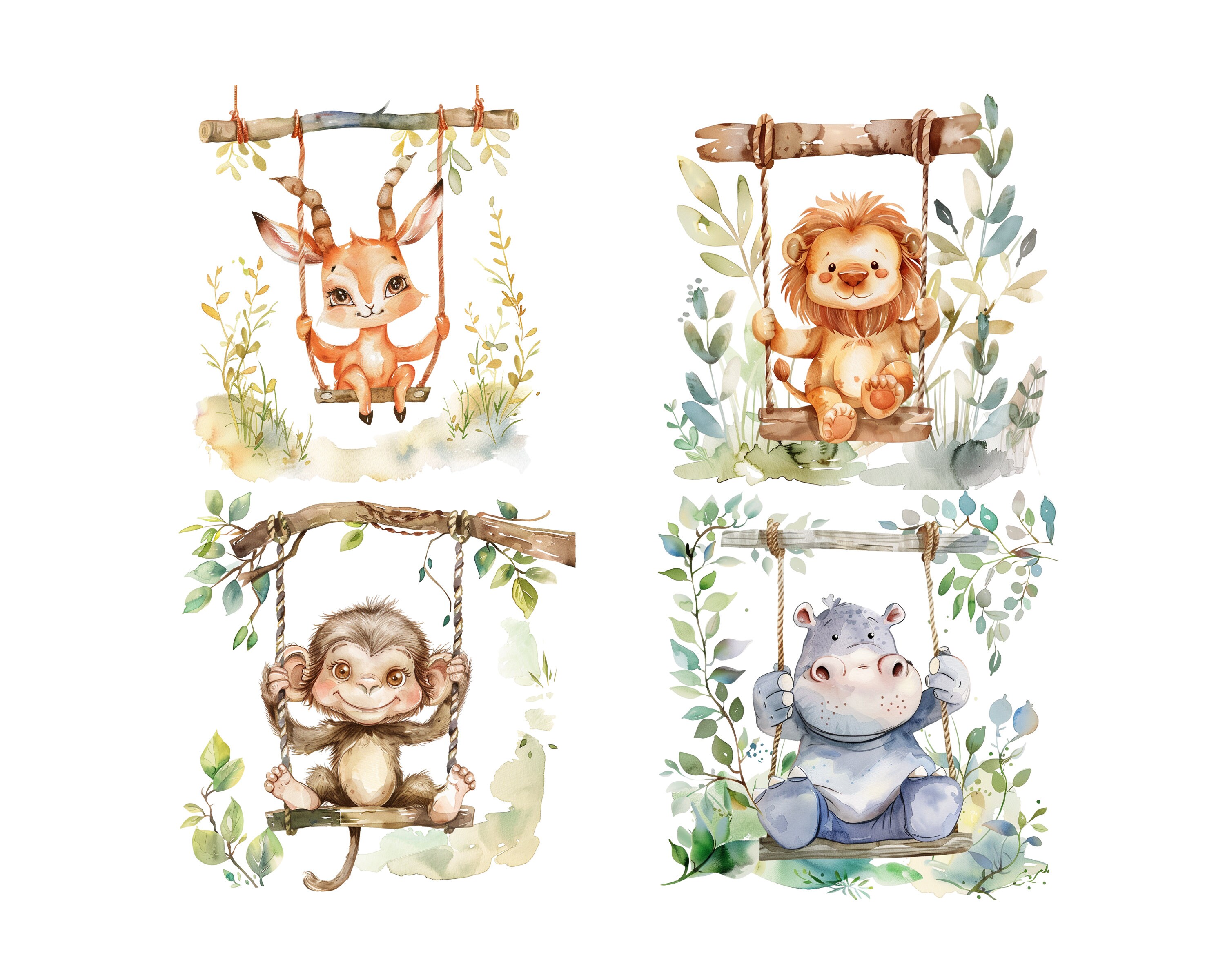 Watercolor Baby Animal on Swing Png Clipart Bundle, Cute Baby Safari ...