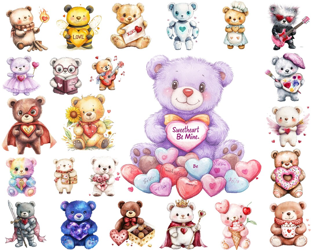 Valentine Bear PNG Clipart Bundle, Watercolor Bears, Romantic Floral ...