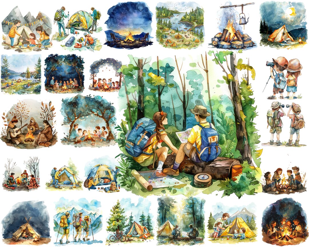 Watercolor Camping PNG Clipart Bundle, Mountain Landscape Campsite Tent ...