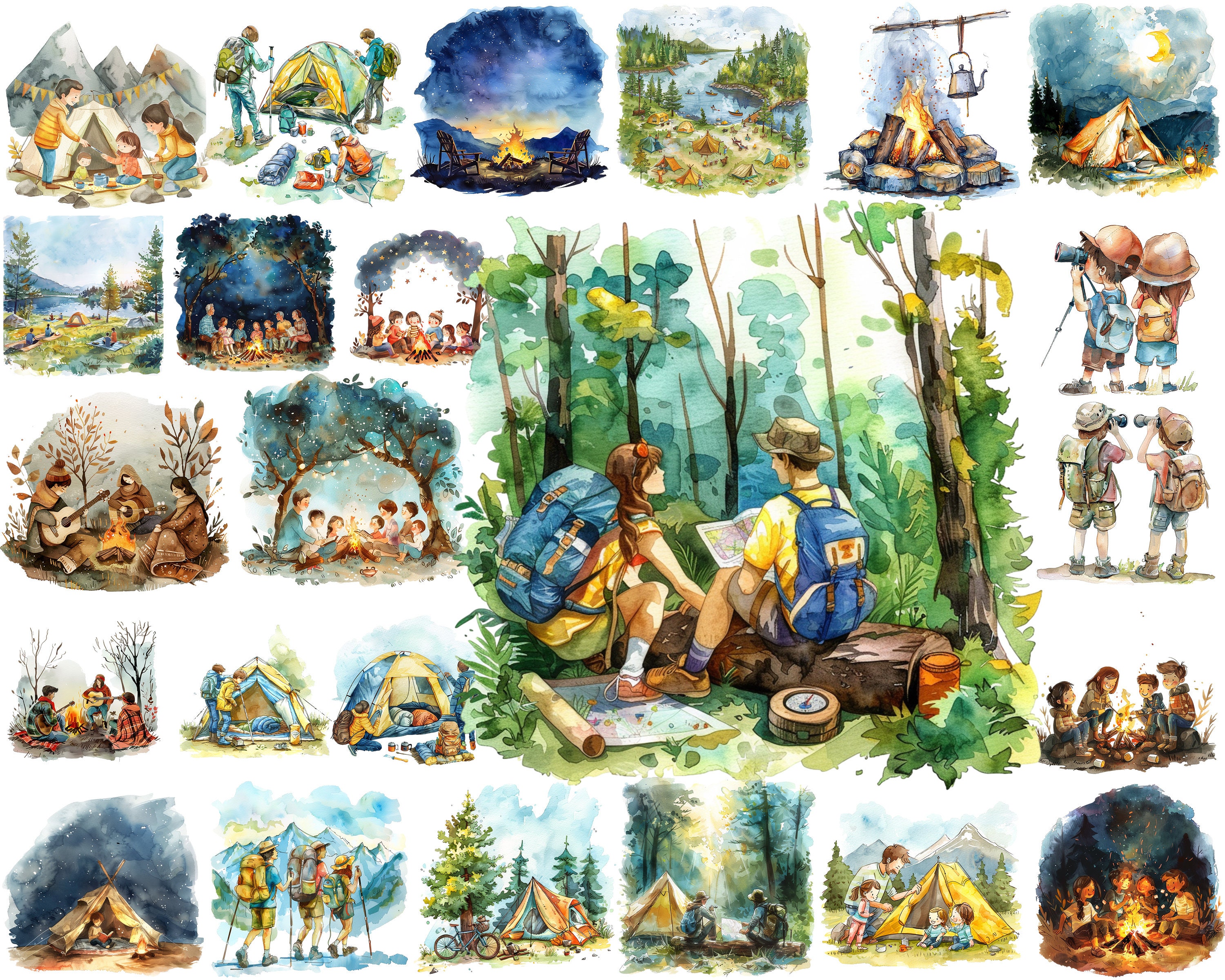 Watercolor Camping PNG Clipart Bundle, Mountain Landscape Campsite Tent ...