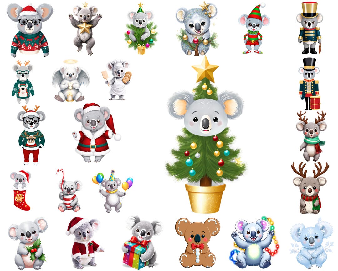 Christmas Koala PNG Clipart Bundle, Cute Santa Koala Holiday Nursery ...