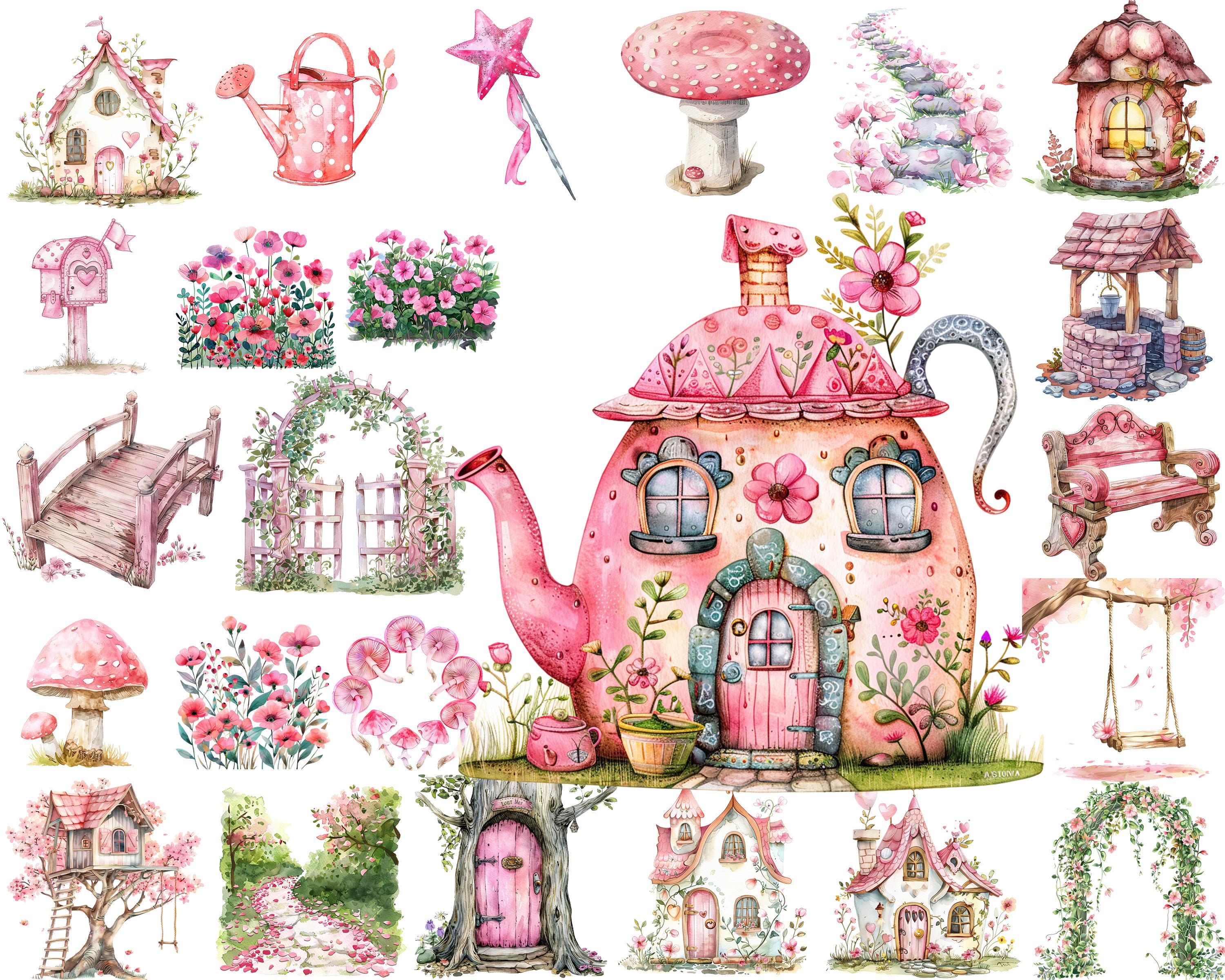 Pink Fairy Garden Clipart Bundle: Watercolor Nursery Decor (digital ...