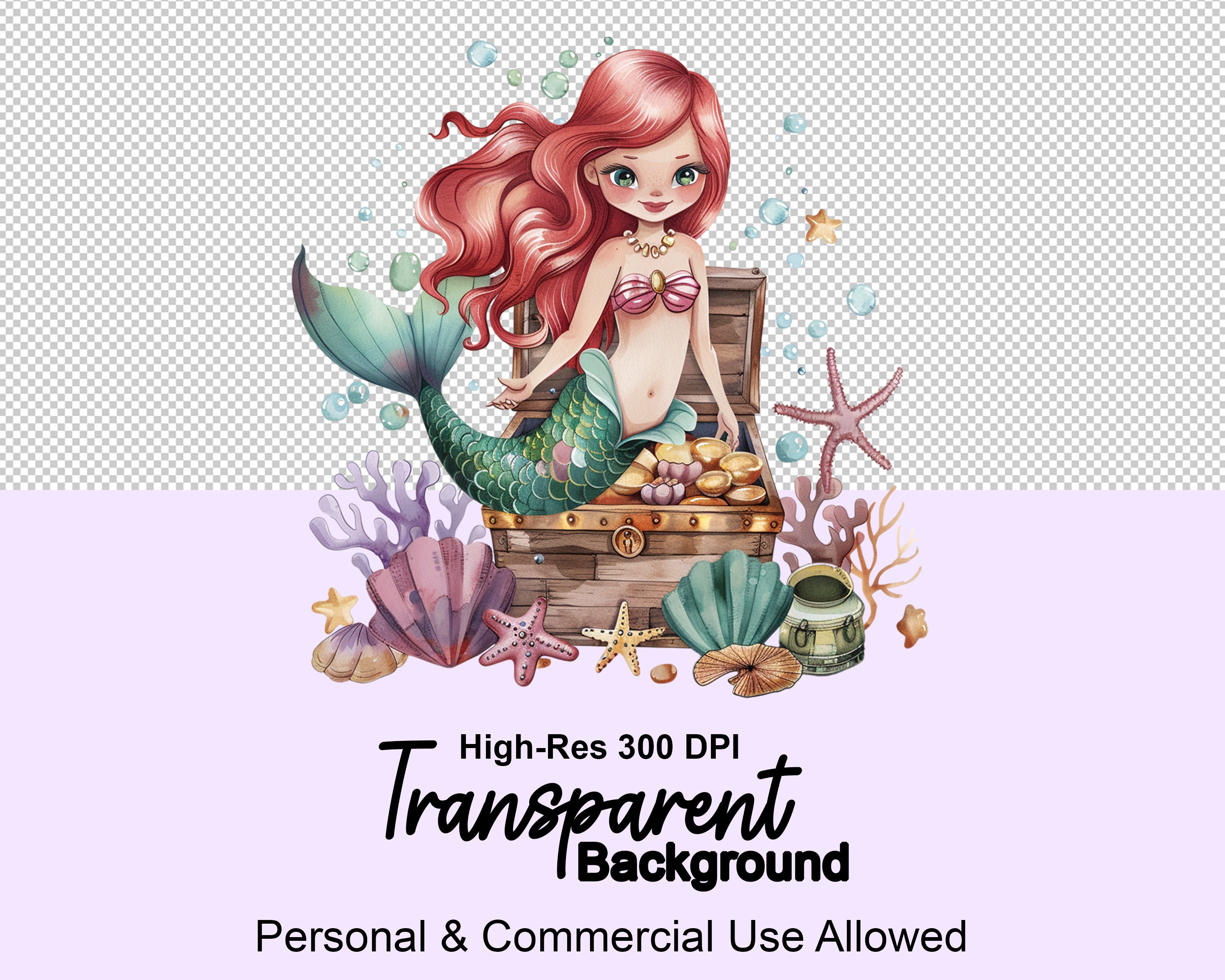 Watercolor Cute Mermaid PNG Clipart Bundle, Kids Nursery Undersea Ocean ...