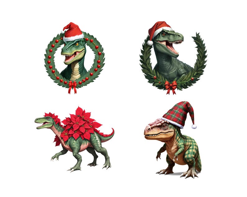 Christmas Dinosaur PNG Clipart Bundle, Cute Santa Dinosaur Holiday ...