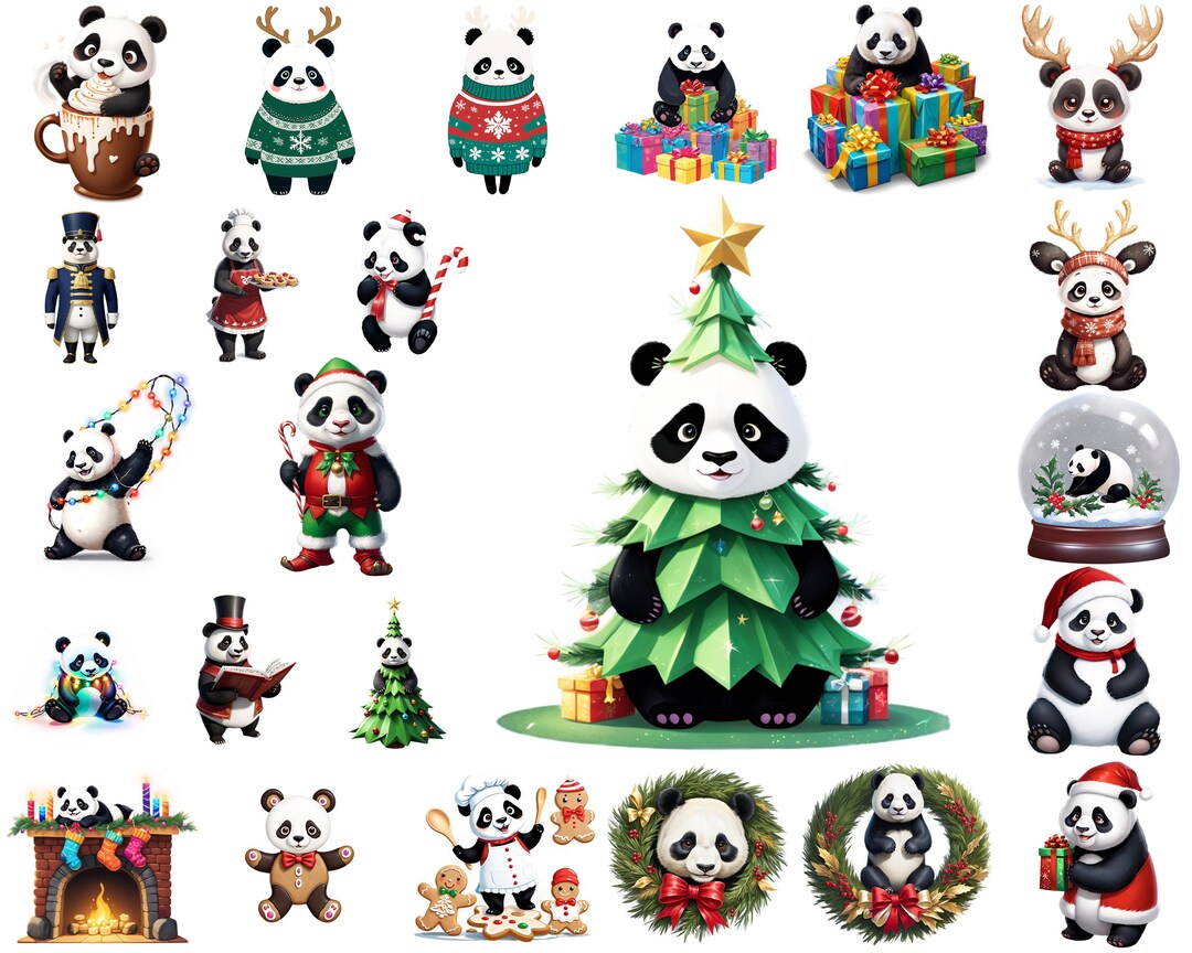 Christmas Panda Clipart Bundle: Watercolor Holiday PNG (digital ...