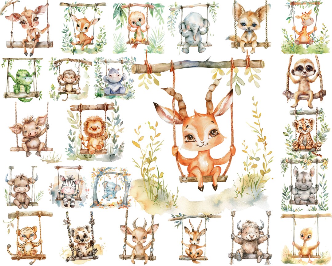 Watercolor Baby Animal on Swing Png Clipart Bundle, Cute Baby Safari ...
