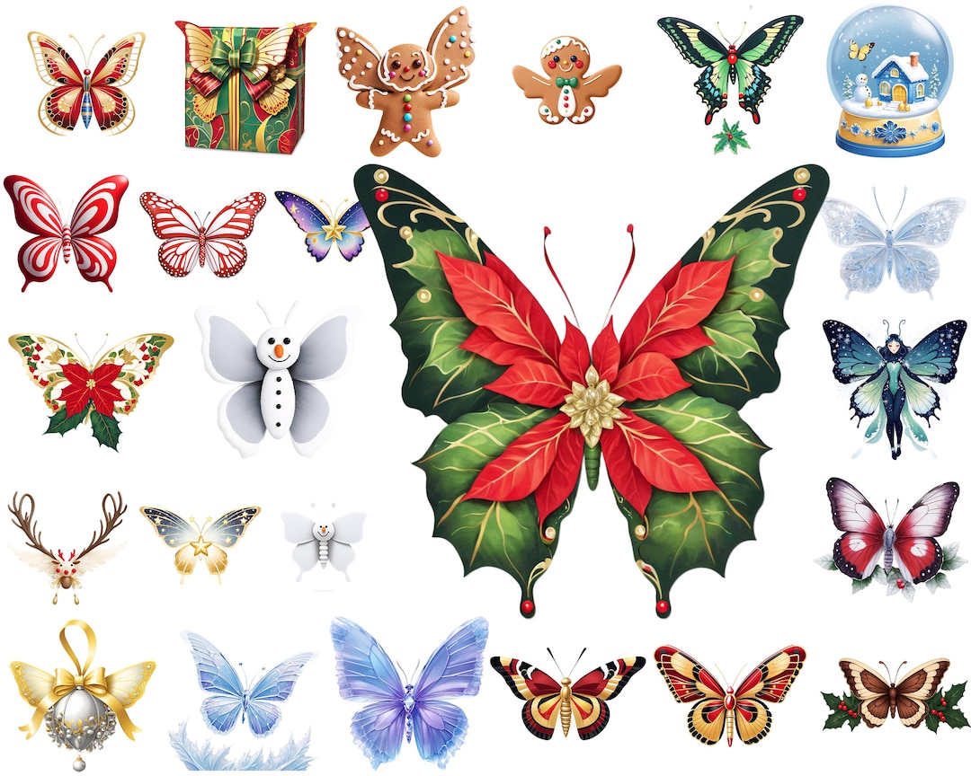 Christmas Butterfly PNG Clipart Bundle, Cute Santa Butterfly Holiday ...