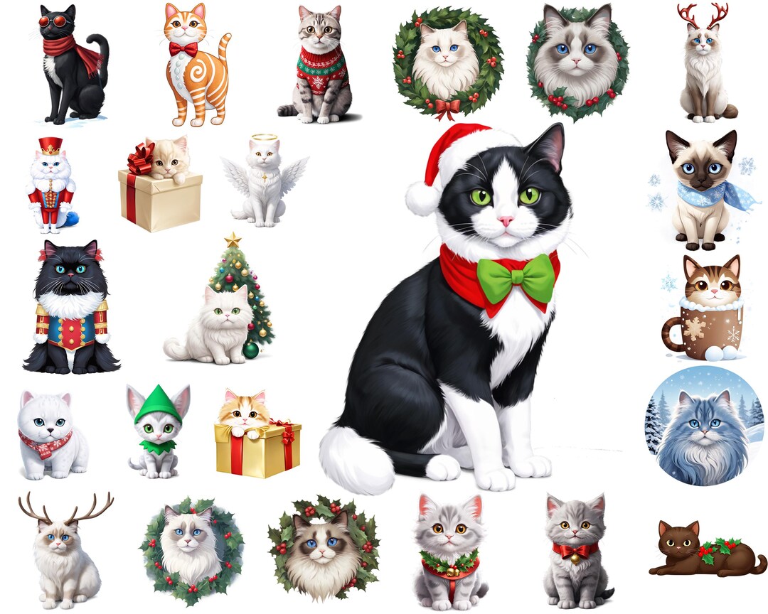 Christmas Cats PNG Clipart Bundle, Cute Santa Cats Holiday Nursery ...