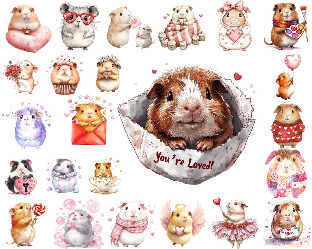 Valentine Guinea Pig PNG Clipart Bundle, Watercolor Hearts, Cute Rodent ...