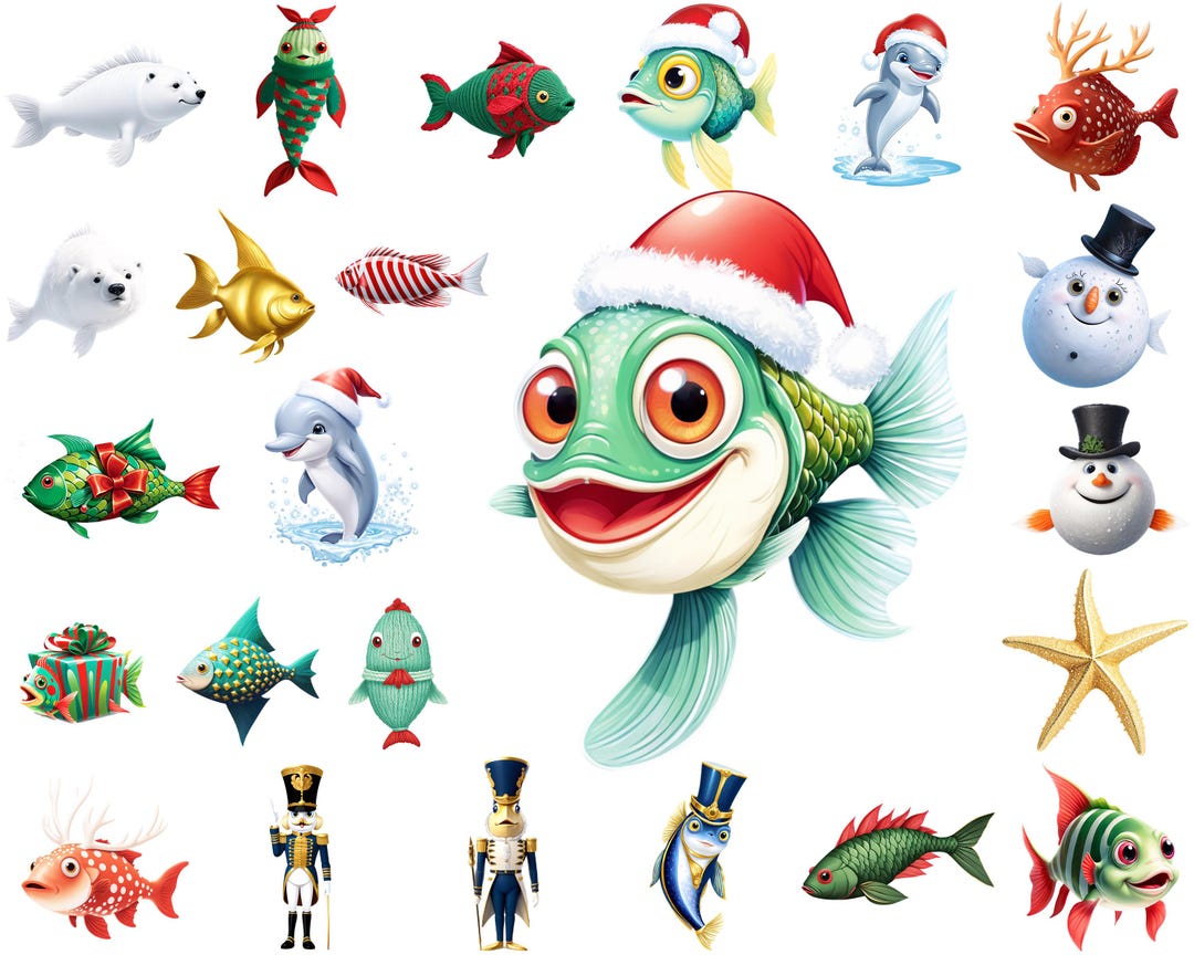 Christmas Fish PNG Clipart Bundle, Cute Santa Fish Holiday Nursery ...