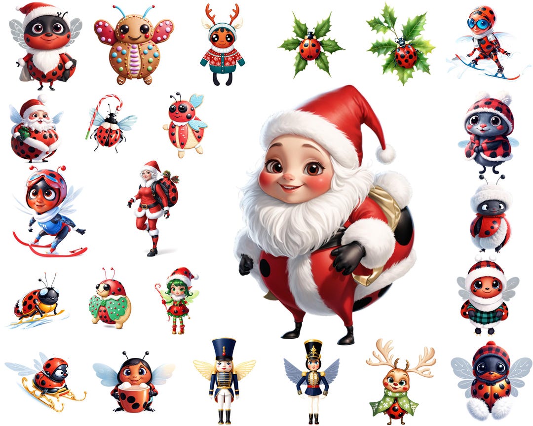 Christmas Ladybug PNG Clipart Bundle, Cute Santa Ladybug Holiday ...