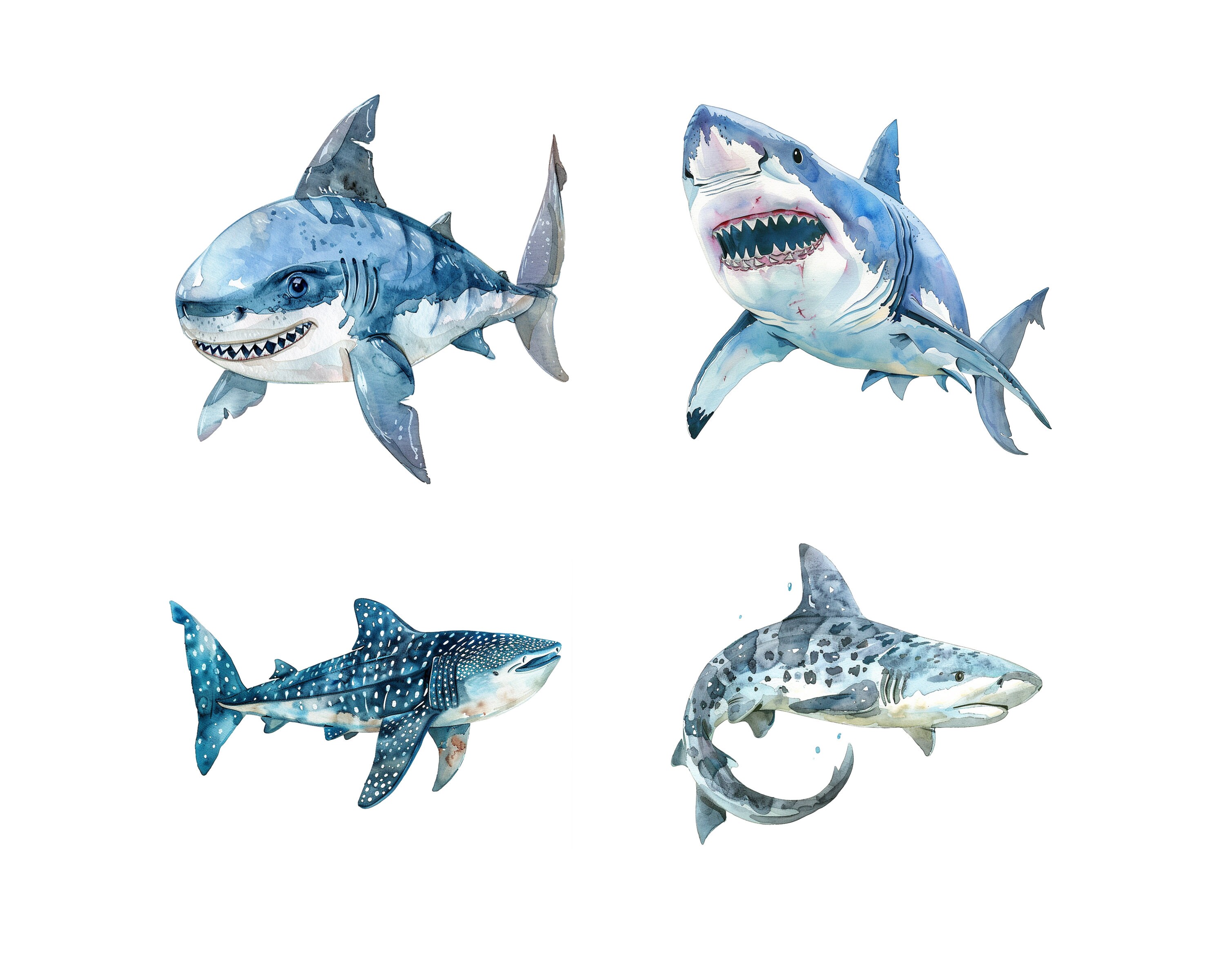 Watercolor Shark Species PNG Clipart Bundle, Great White, Basking ...