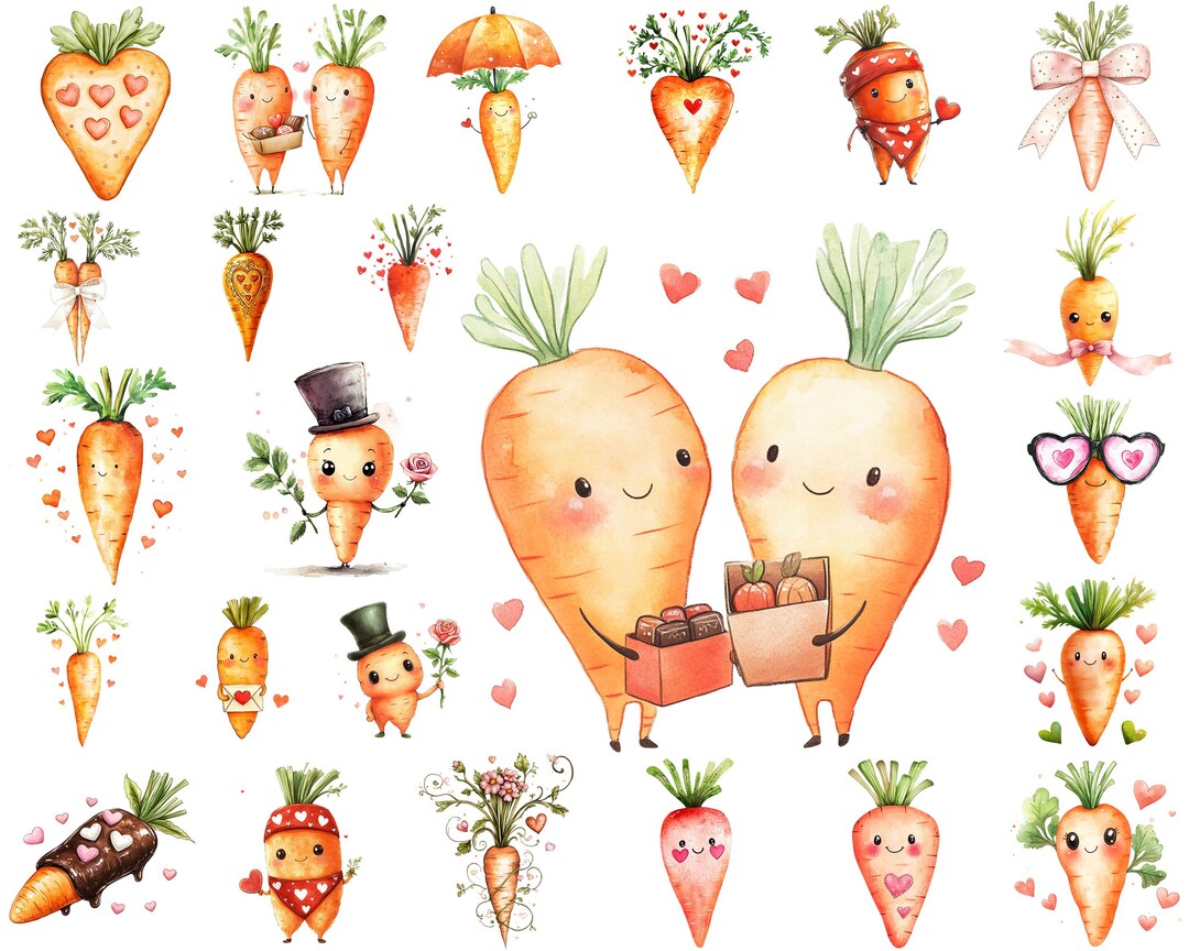 Watercolor Valentine Carrot Clipart: Heart Carrots PNG Bundle ...