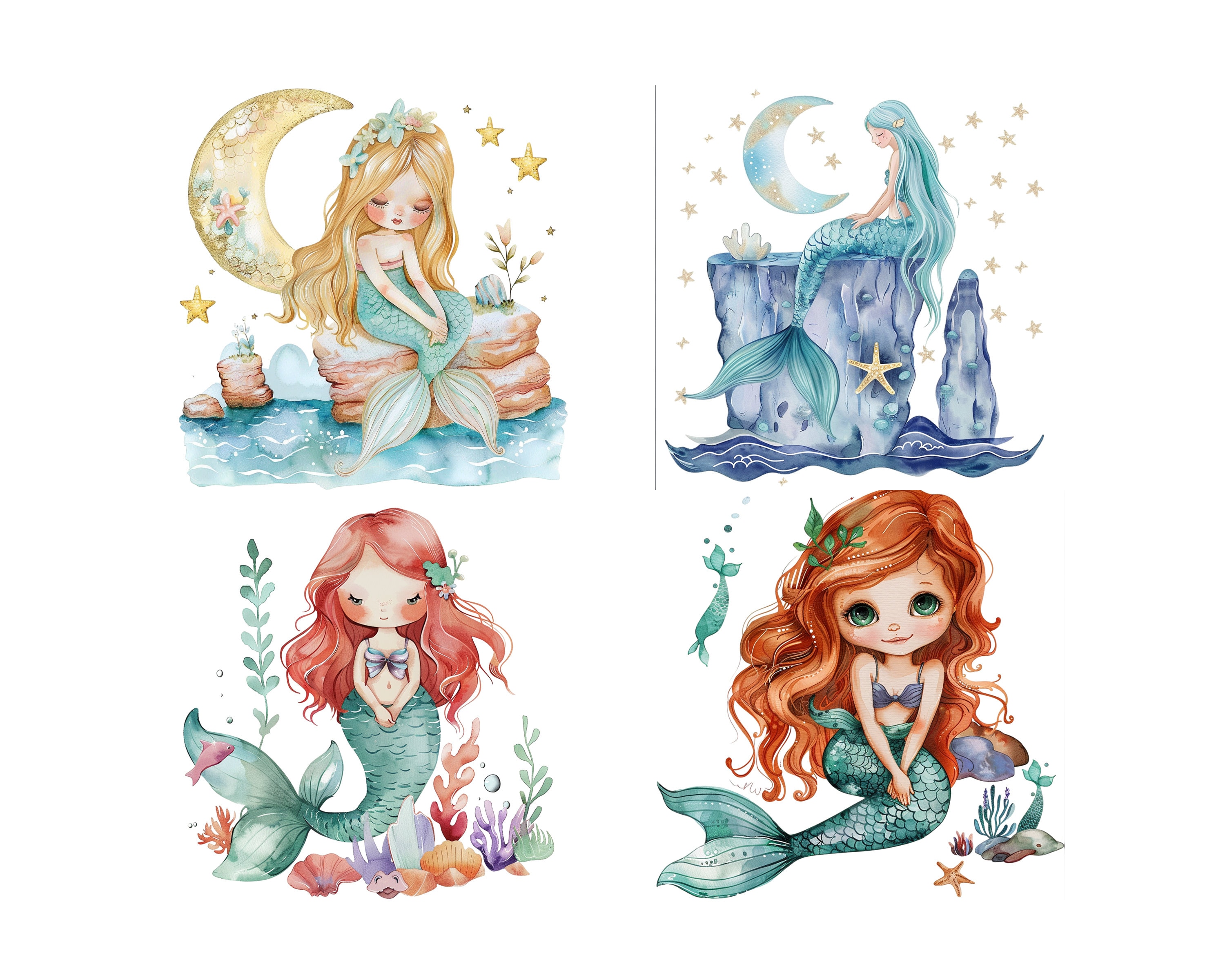 Watercolor Cute Mermaid PNG Clipart Bundle, Kids Nursery Undersea Ocean ...
