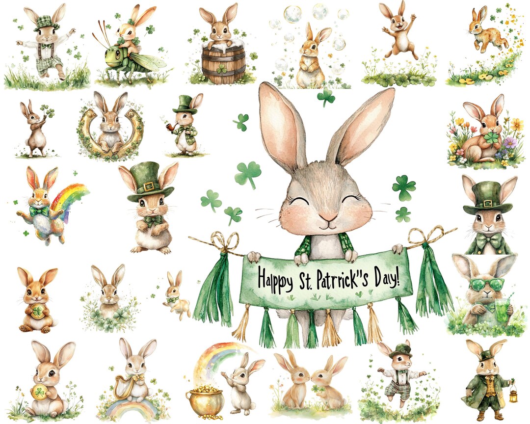 St. Patrick's Day Rabbit PNG Clipart Bundle, Watercolor Lucky ...