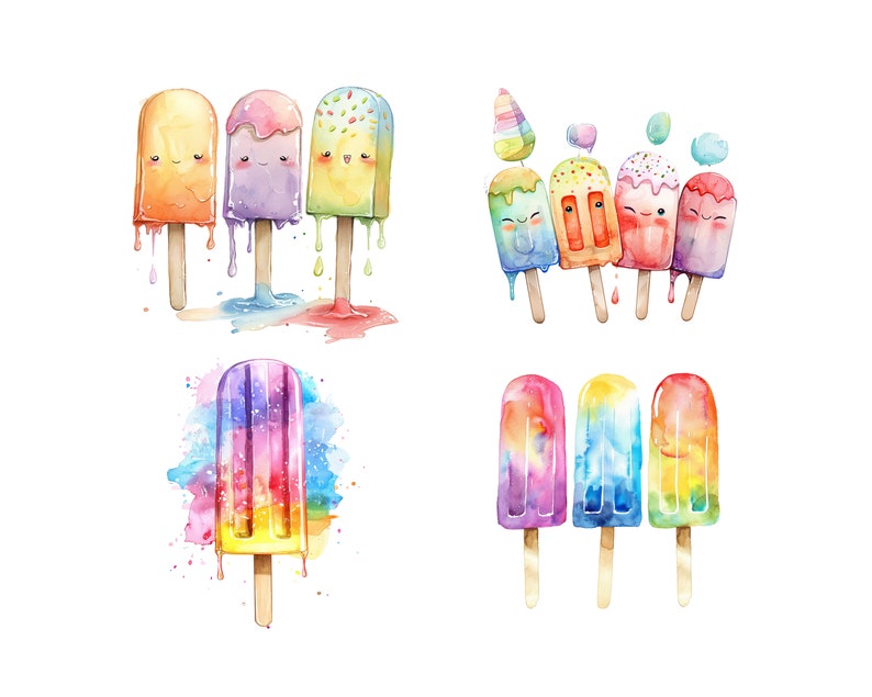 Watercolor Popsicles PNG Clipart Bundle, Summer Treats, Rainbow Juicy ...