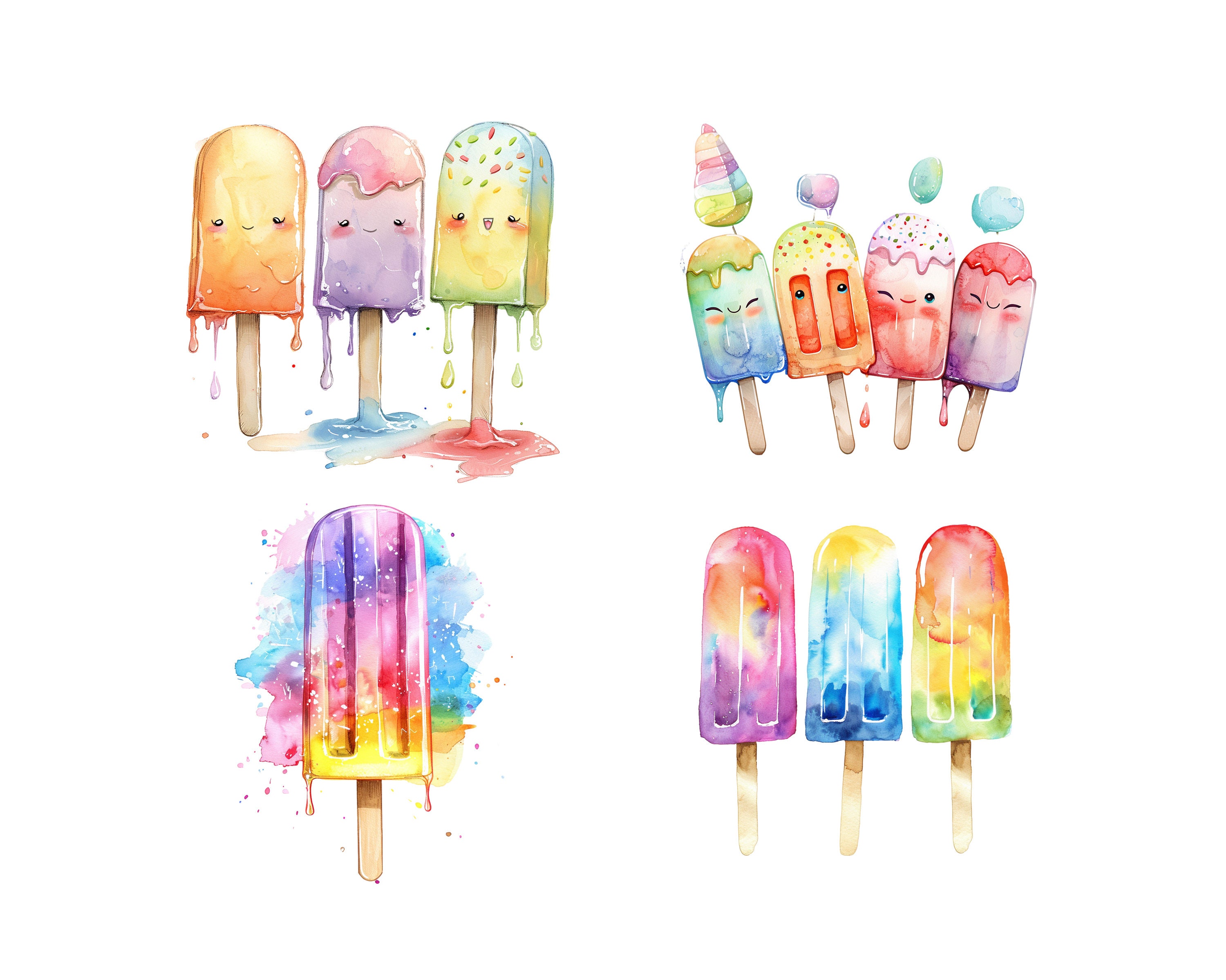 Watercolor Popsicles PNG Clipart Bundle, Summer Treats, Rainbow Juicy ...