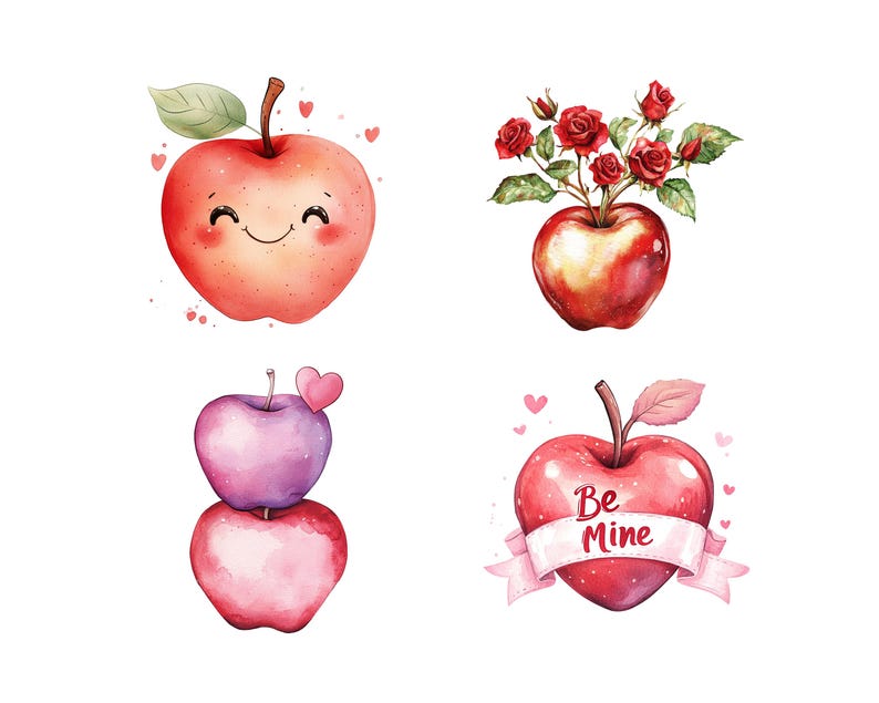 Watercolor Valentine Apple Clipart: Romantic Hearts PNG Bundle ...
