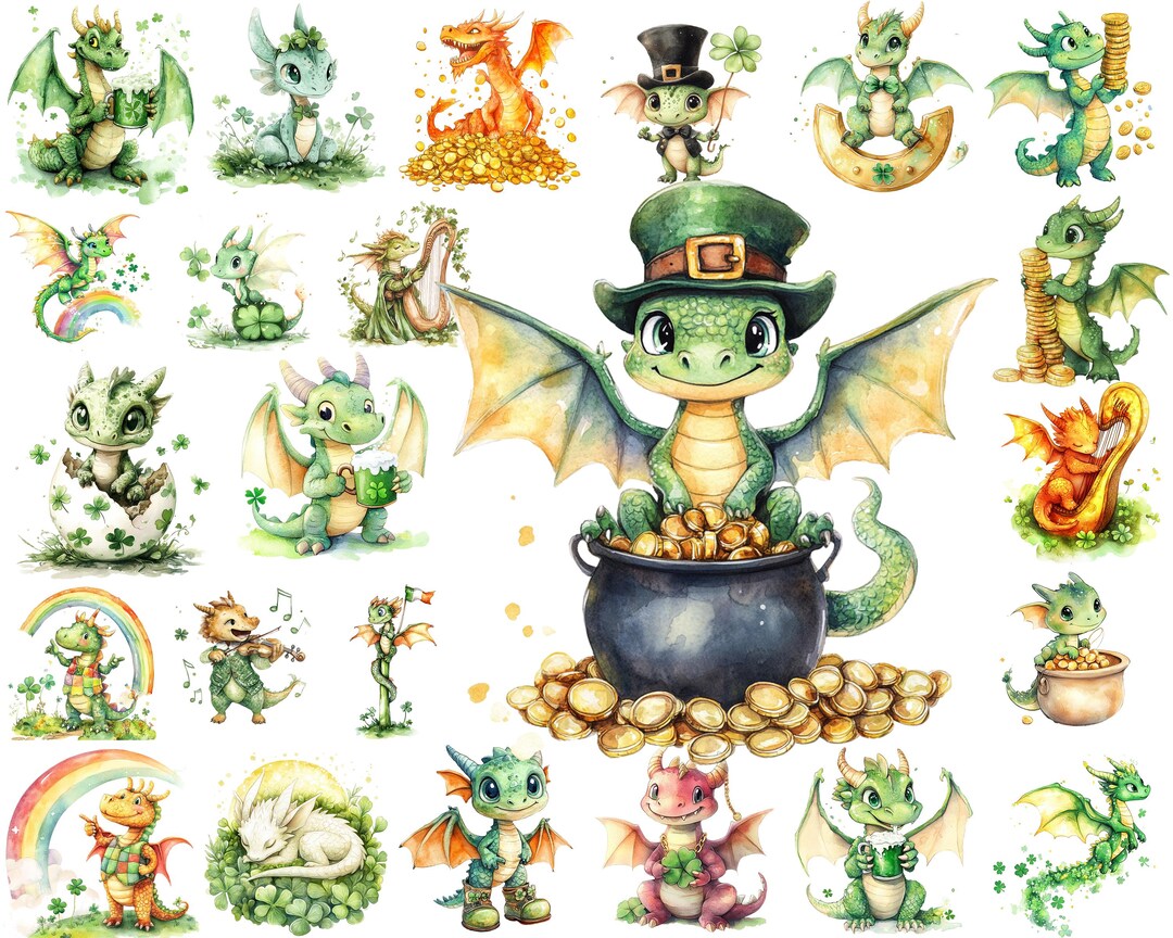 Watercolor St. Patrick's Day Dragon PNG Clipart Bundle, Green Hat Gold ...