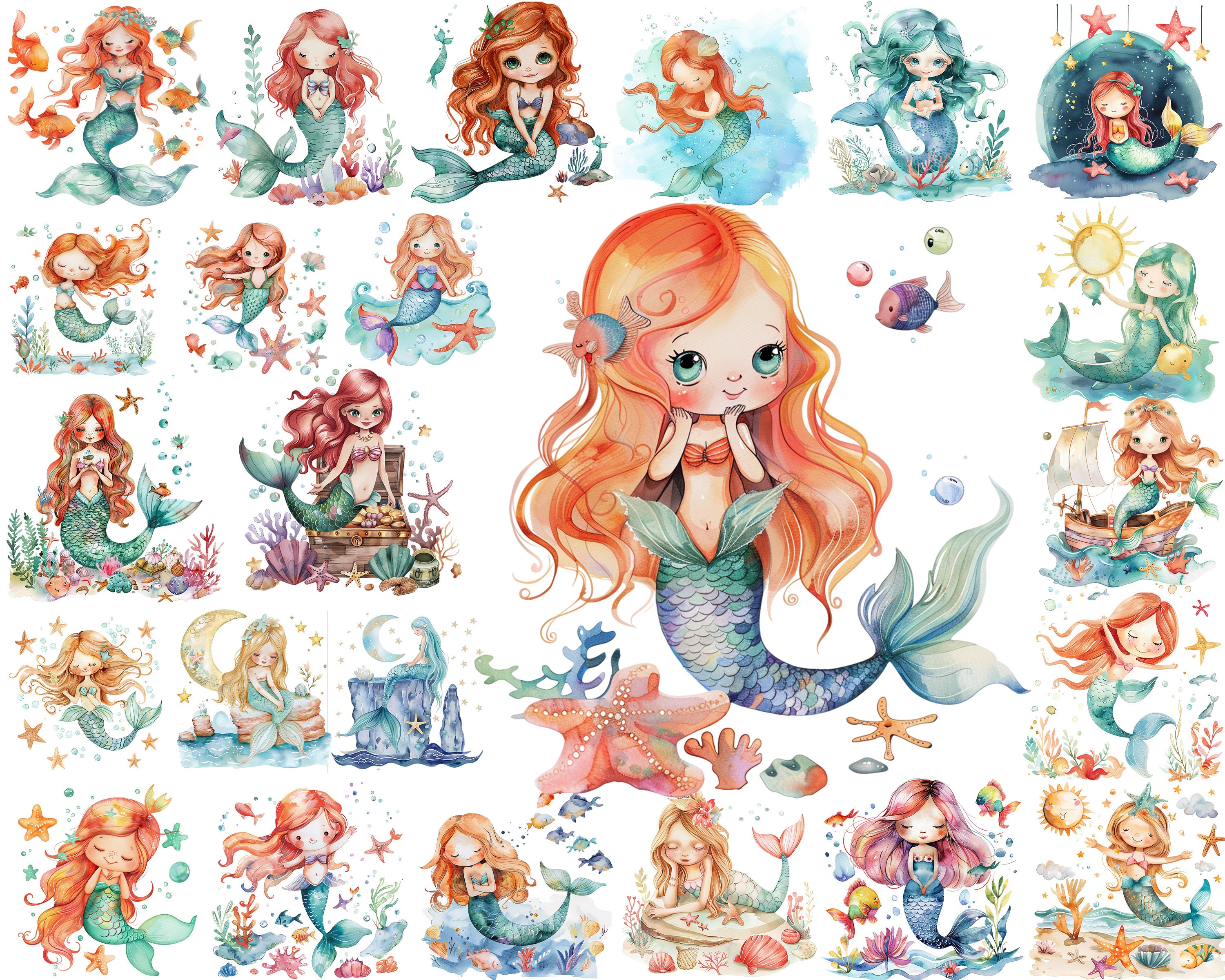 Watercolor Cute Mermaid PNG Clipart Bundle, Kids Nursery Undersea Ocean ...