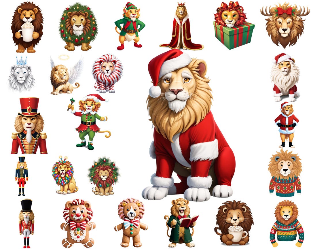 Christmas Lion PNG Clipart Bundle, Cute Santa Lion Holiday Nursery ...