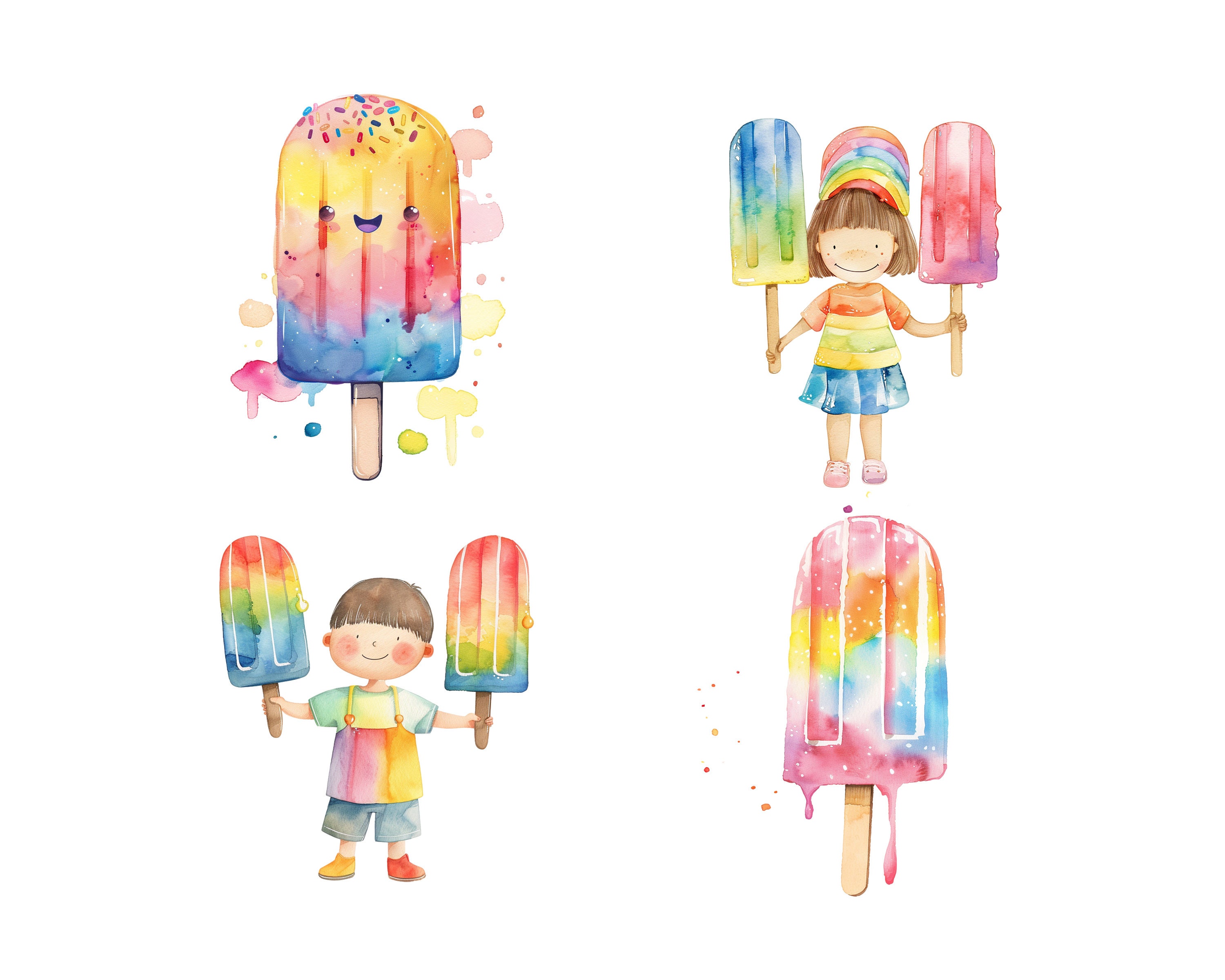 Watercolor Popsicles PNG Clipart Bundle, Summer Treats, Rainbow Juicy ...