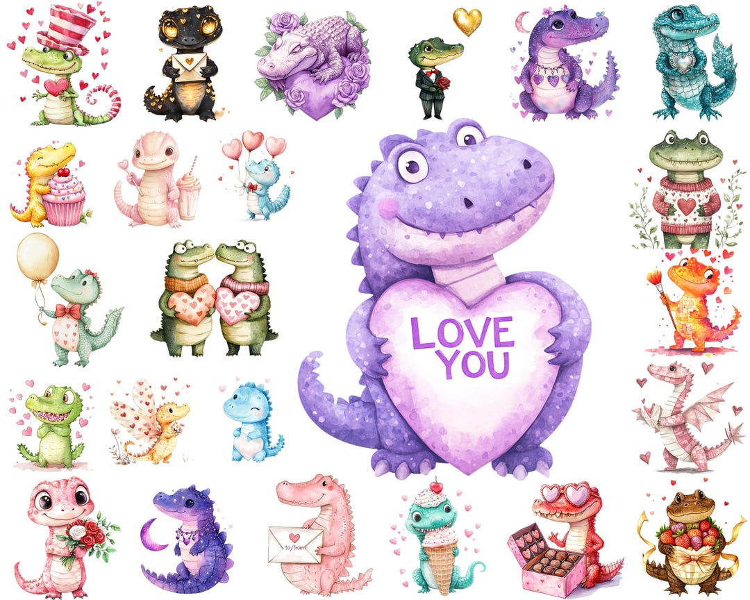 Valentine Alligator PNG Clipart Bundle, Watercolor Heart Animals, Cute ...