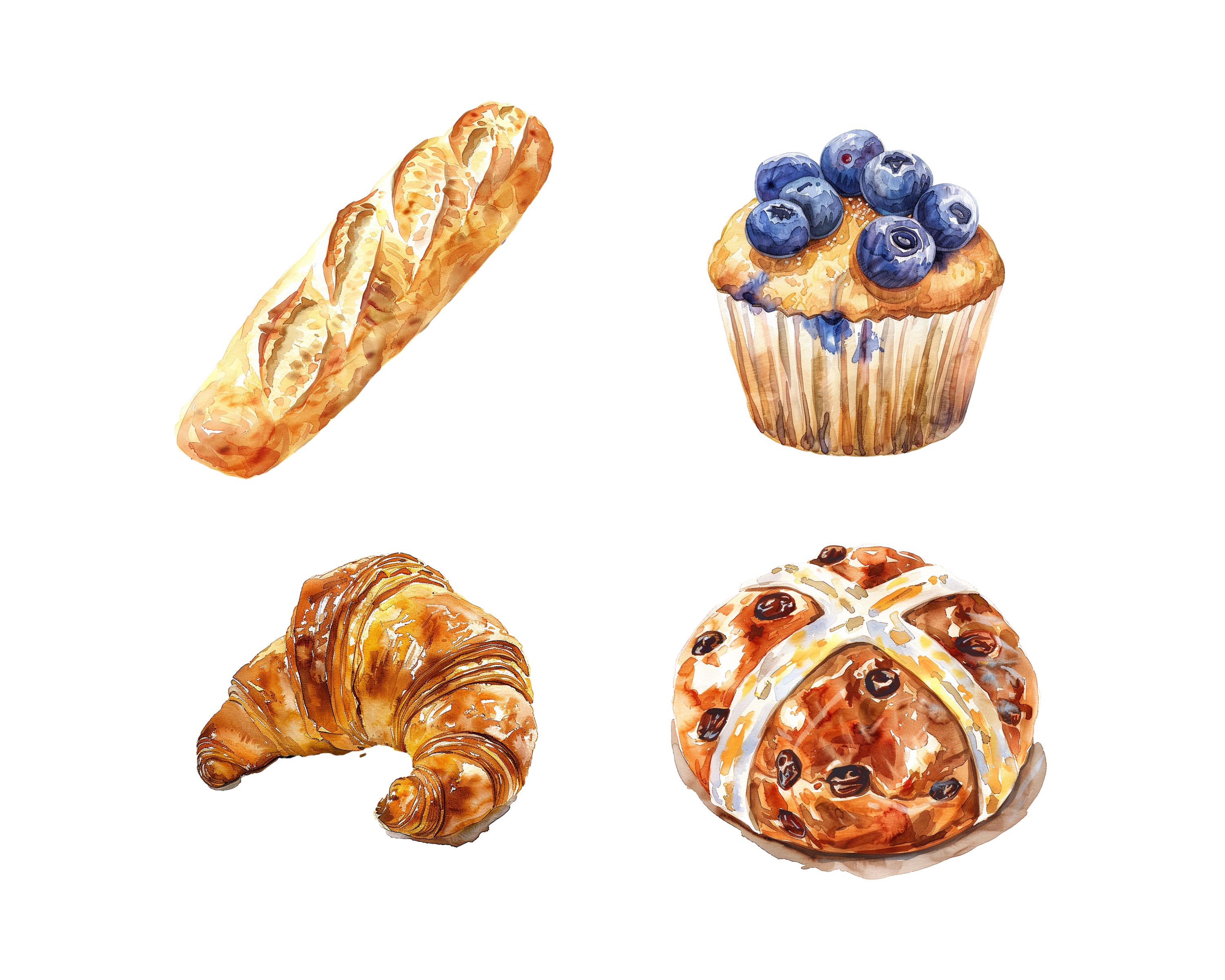 Watercolor Bread Baked Food PNG Clipart Bundle, French Baguette Pretzel ...