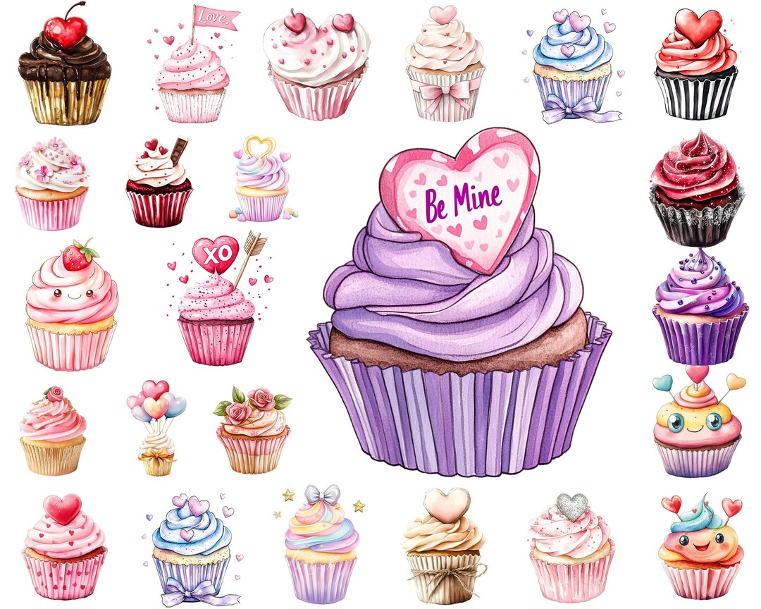 Valentine Cupcake PNG Clipart Bundle, Watercolor Cupcakes, Hearts ...