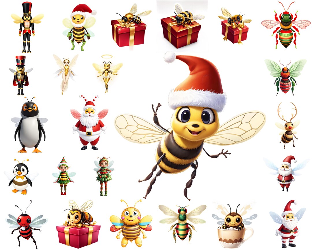 Christmas Bee PNG Clipart Bundle, Cute Bee Santa Holiday Nursery Decor ...