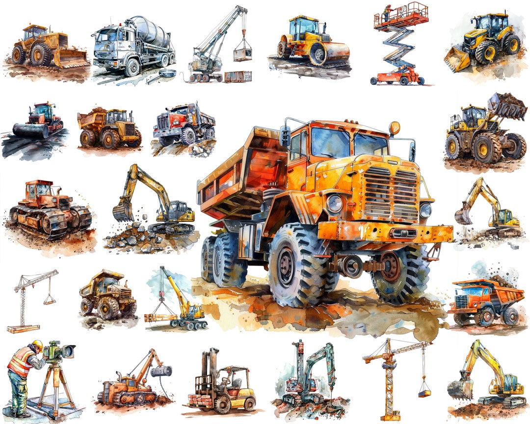 Watercolor Construction Vehicles PNG Clipart Bundle, Instant Download ...